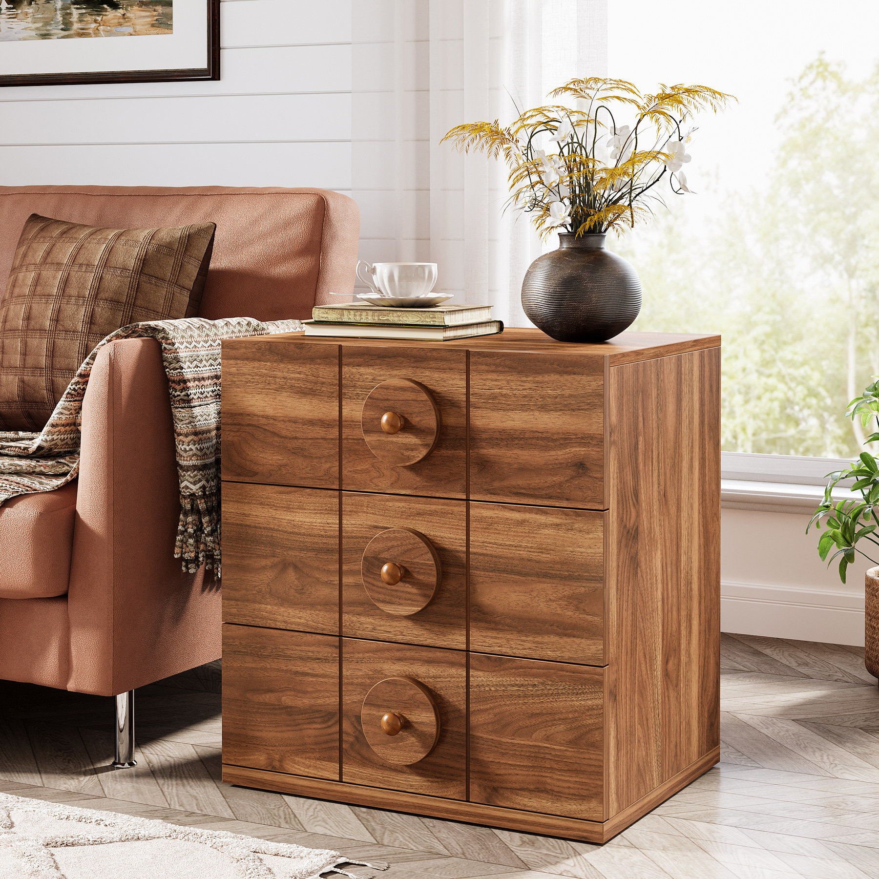 Millwood Pines Wood End Table With 3 Drawers, Square Side Table With ...