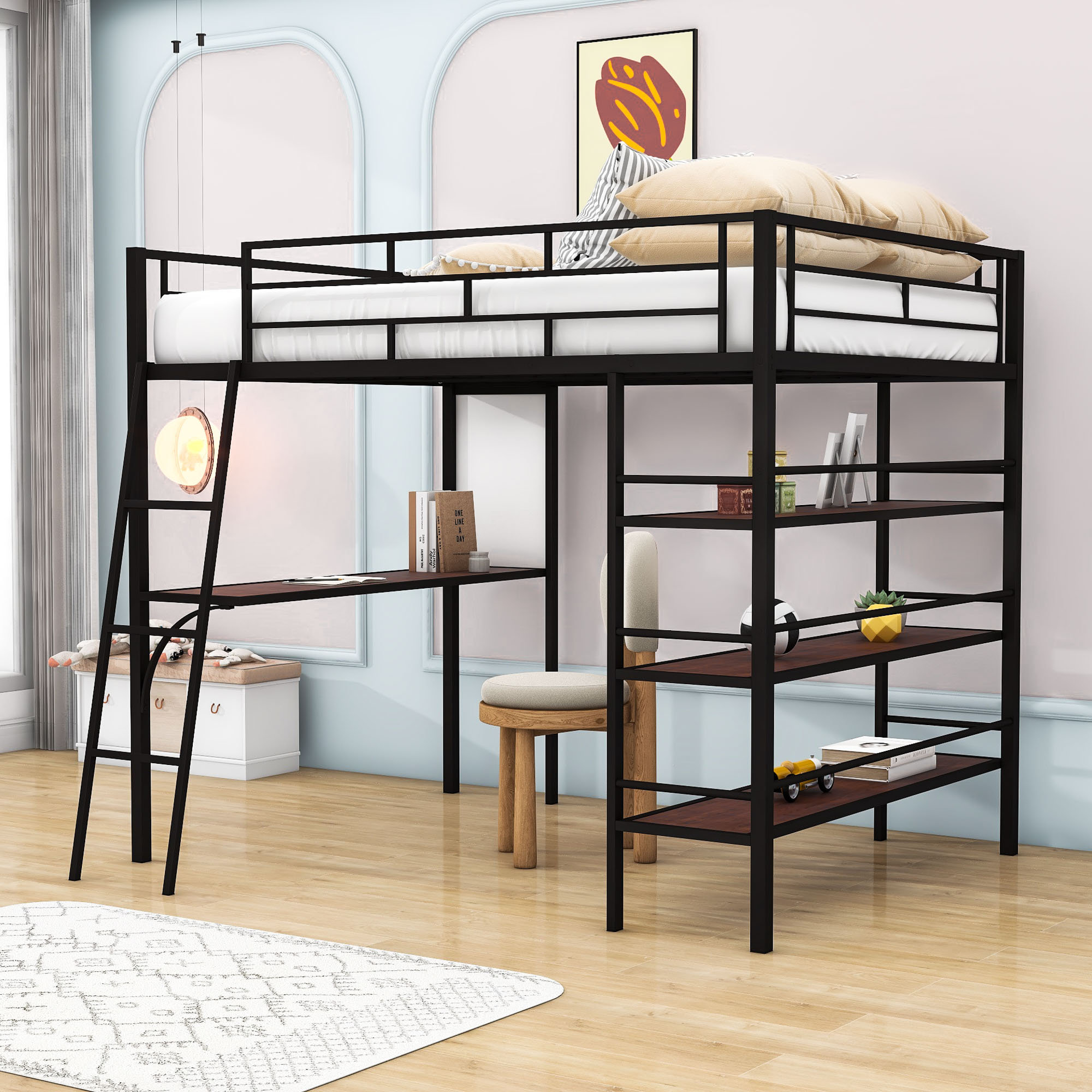 Isabelle & Max™ Alumbaugh Metal Loft Bed with Shelves and Built-in Desk ...
