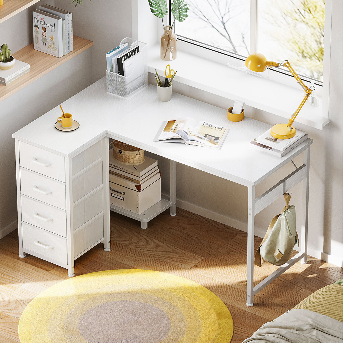 Ebern Designs Writing Desk With 4 Large Storage Drawers, L-Shaped Desk ...