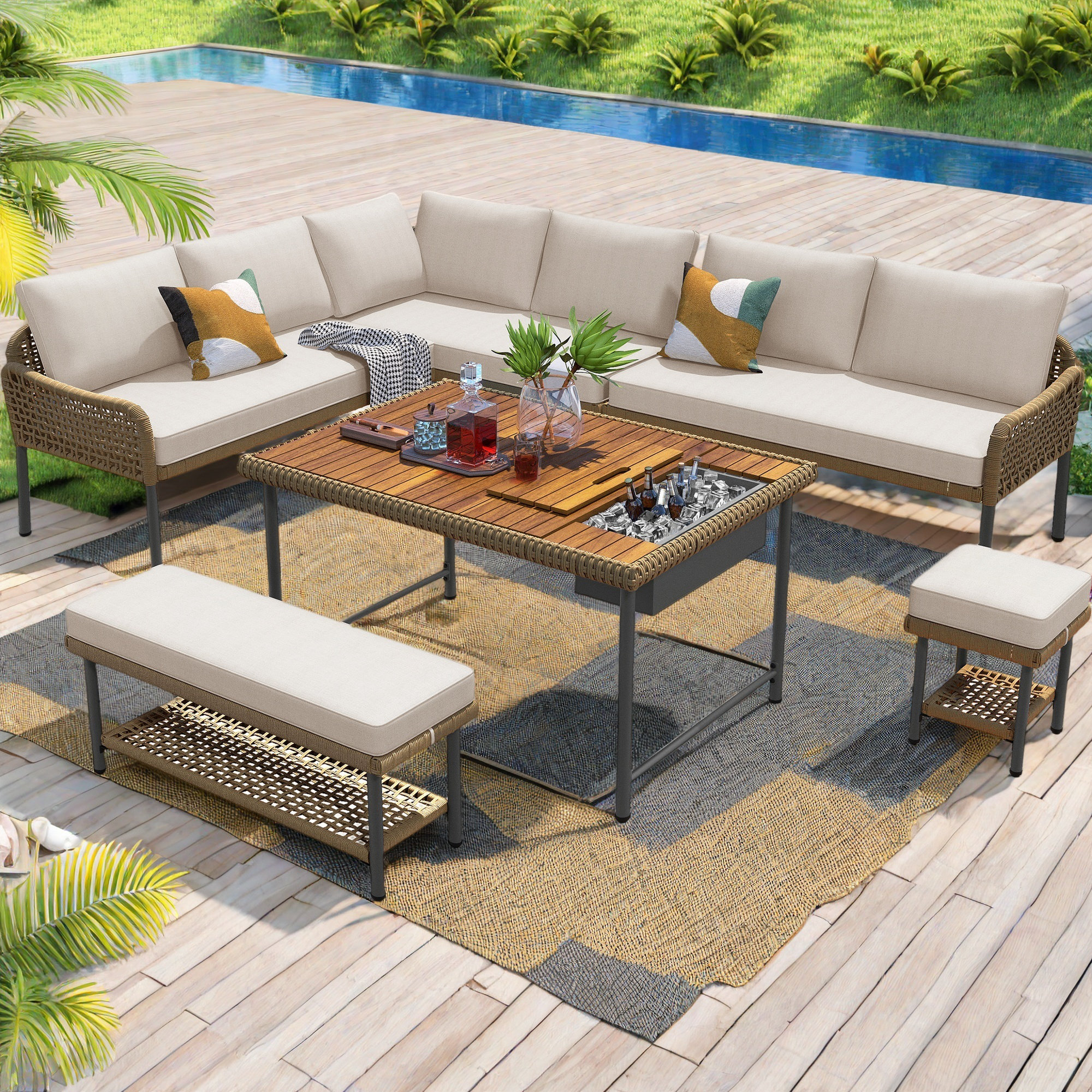 Latitude Run® 6-Piece Rope Patio Furniture L-Shaped Set, Outdoor ...