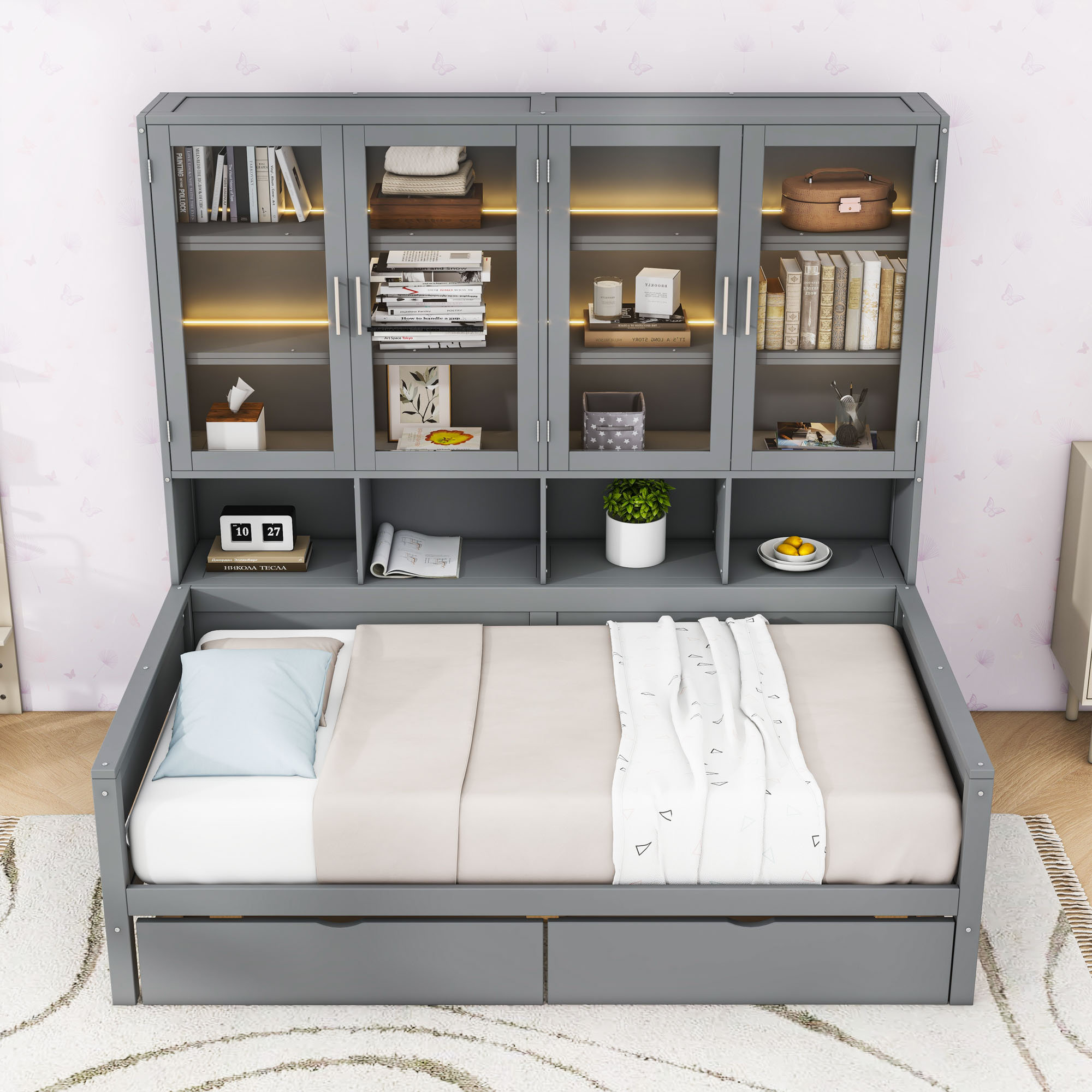Brayden Studio 2 Drawers Wooden Daybed with Glass-Door Cabinets, LED ...