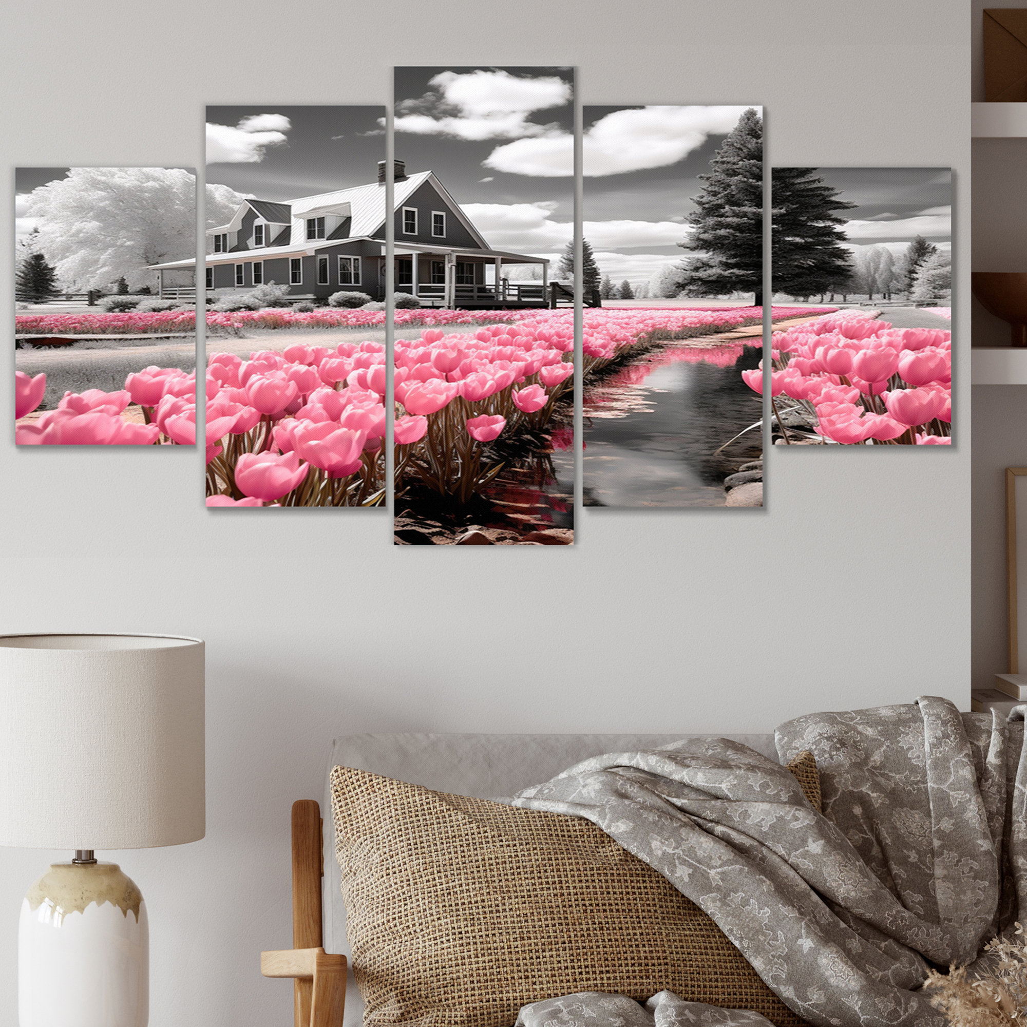 Ebern Designs Pink Farmhouse Frontyard Oasis On Canvas 5 Pieces Print ...