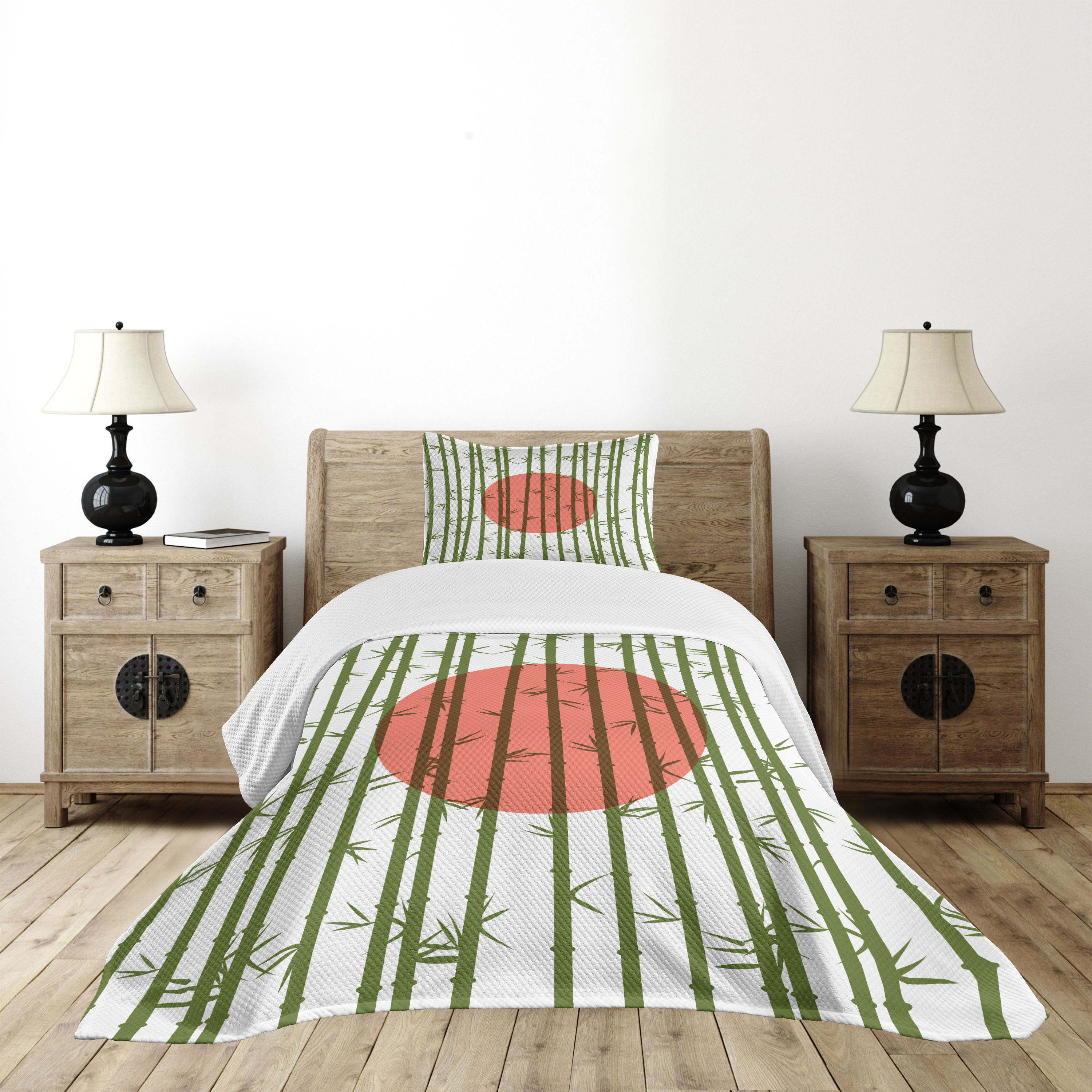 Ambesonne Japanese Bedspread Set Exotic Trees and Sun Asian Salmon ...