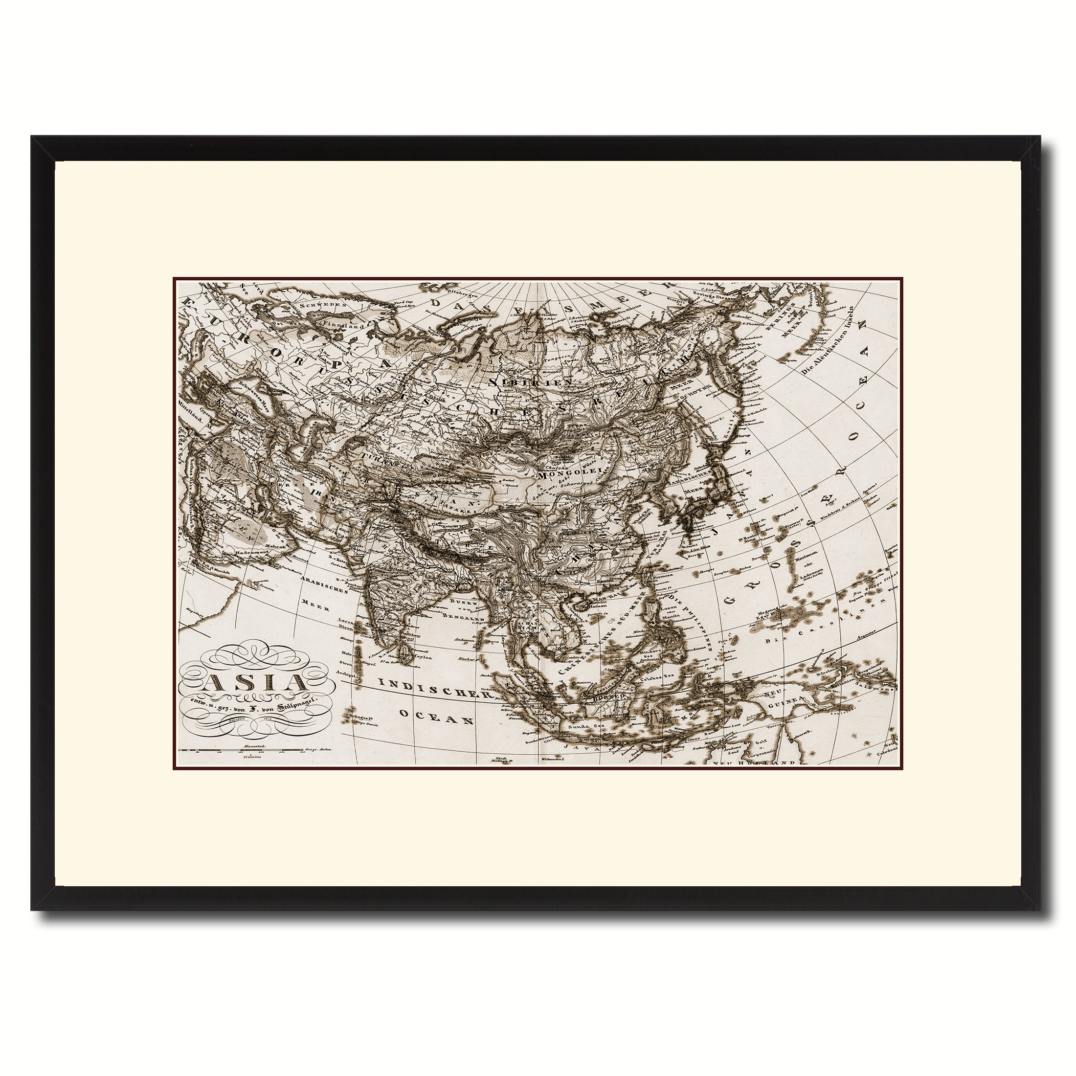 17 Stories Asia Vintage Old Sepia Map Print On Canvas With Black Custom ...