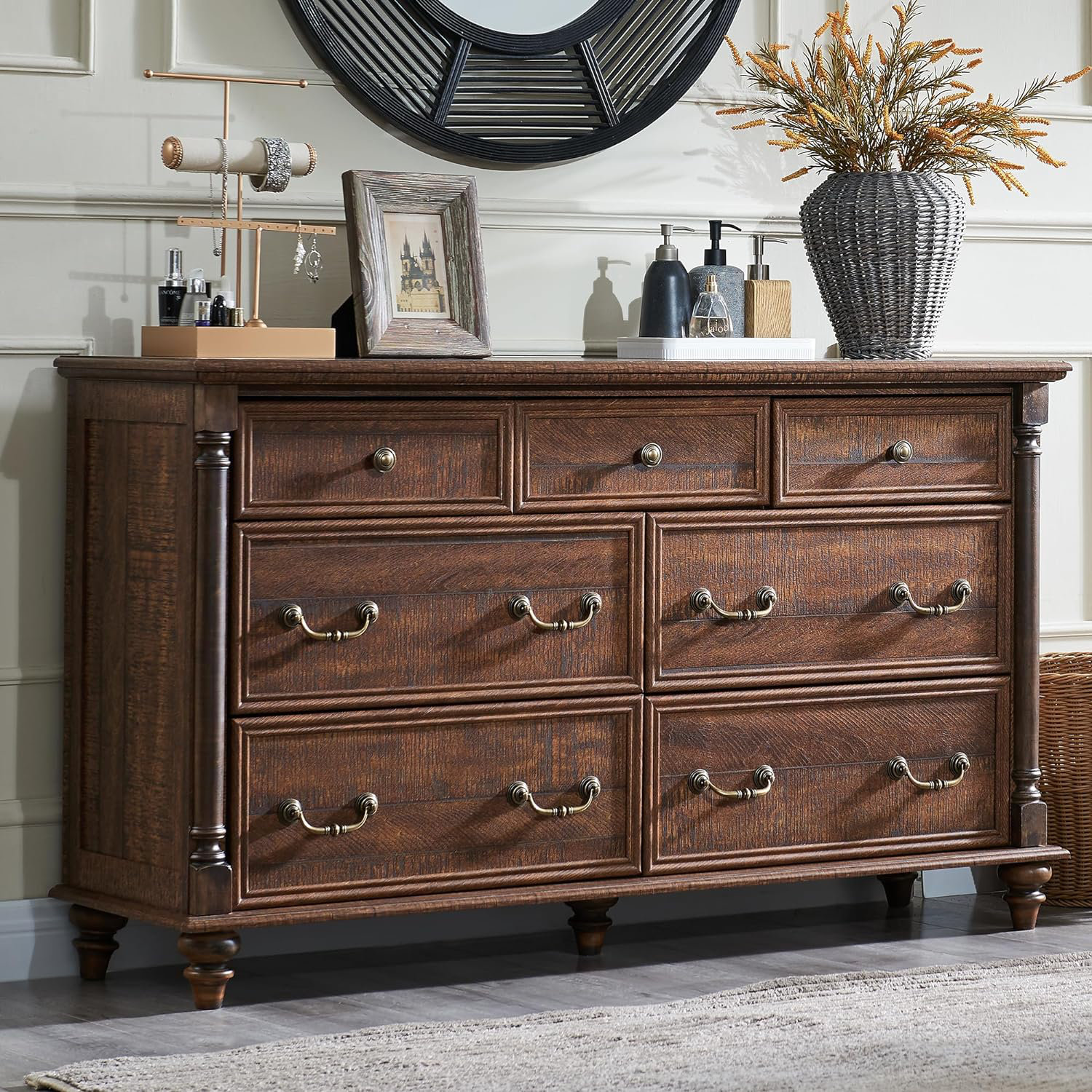 OKD Ojaswi Farmhouse 7 - Drawer Dresser, Wood Rustic Dresser Chest of ...