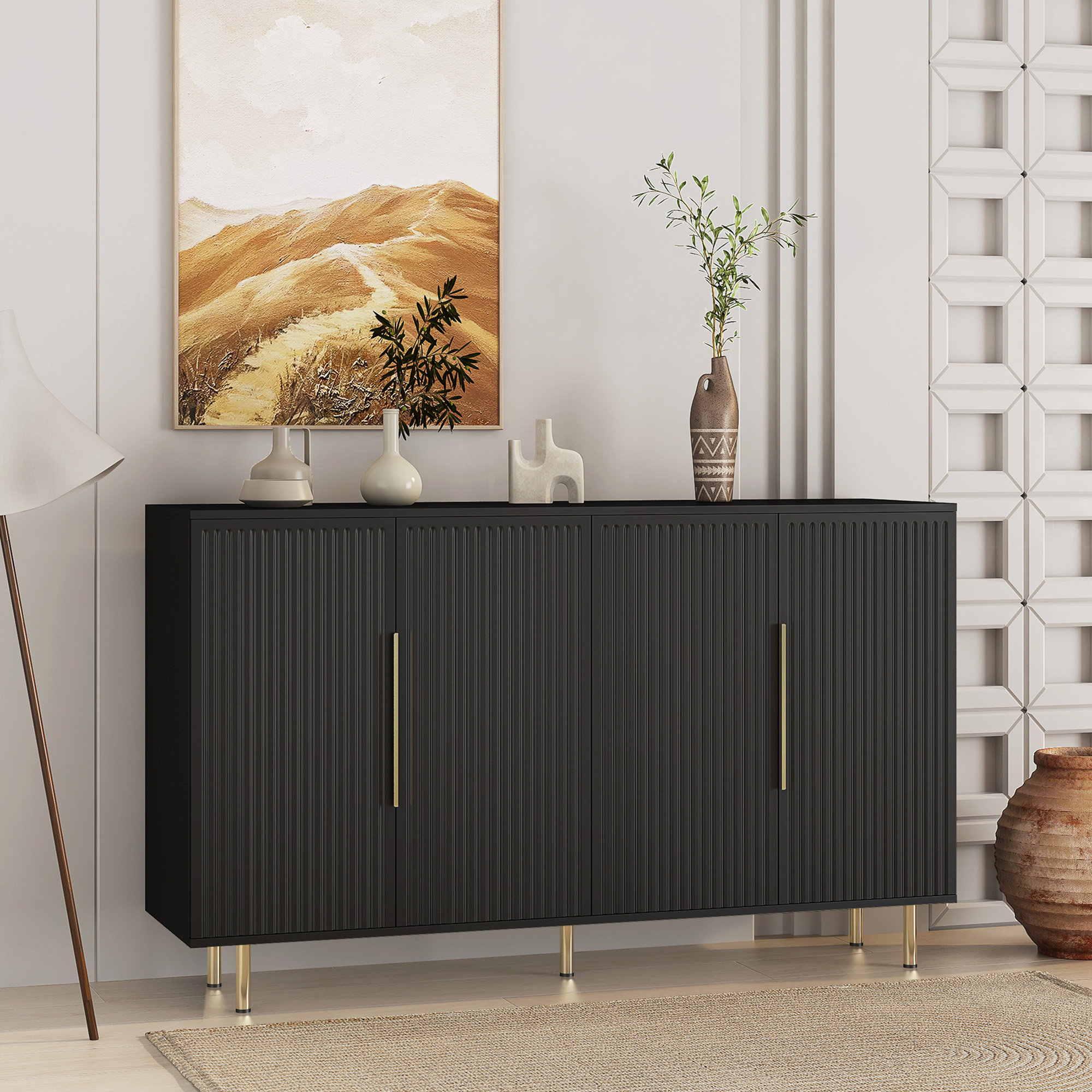 Mercer41 Black Modern Buffet Cabinet with Storage, Fluted Sideboard Large Buffet with Adjustable ...