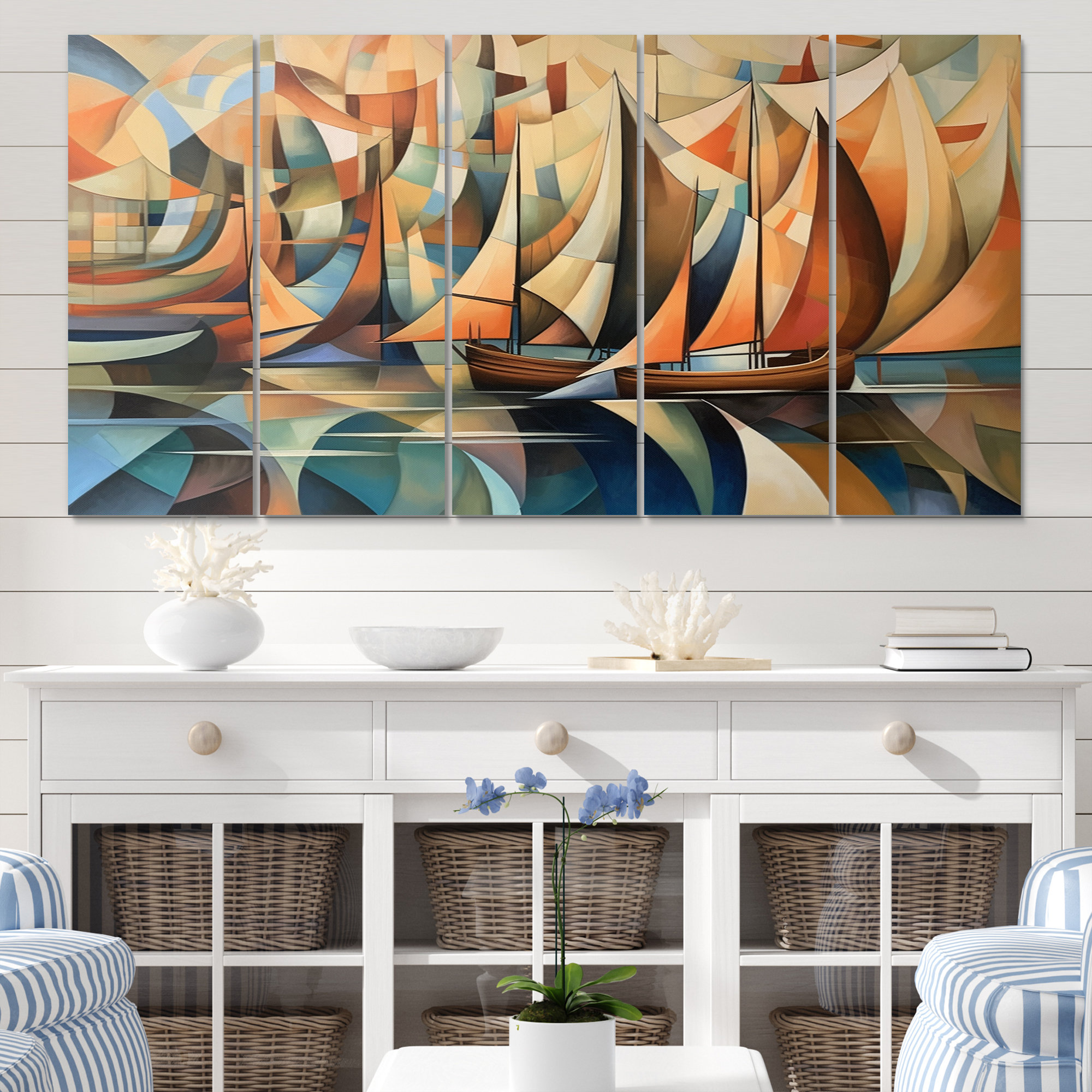 Longshore Tides Abstract Sailboats At Sunset Cubist Minimalism I - Boat ...