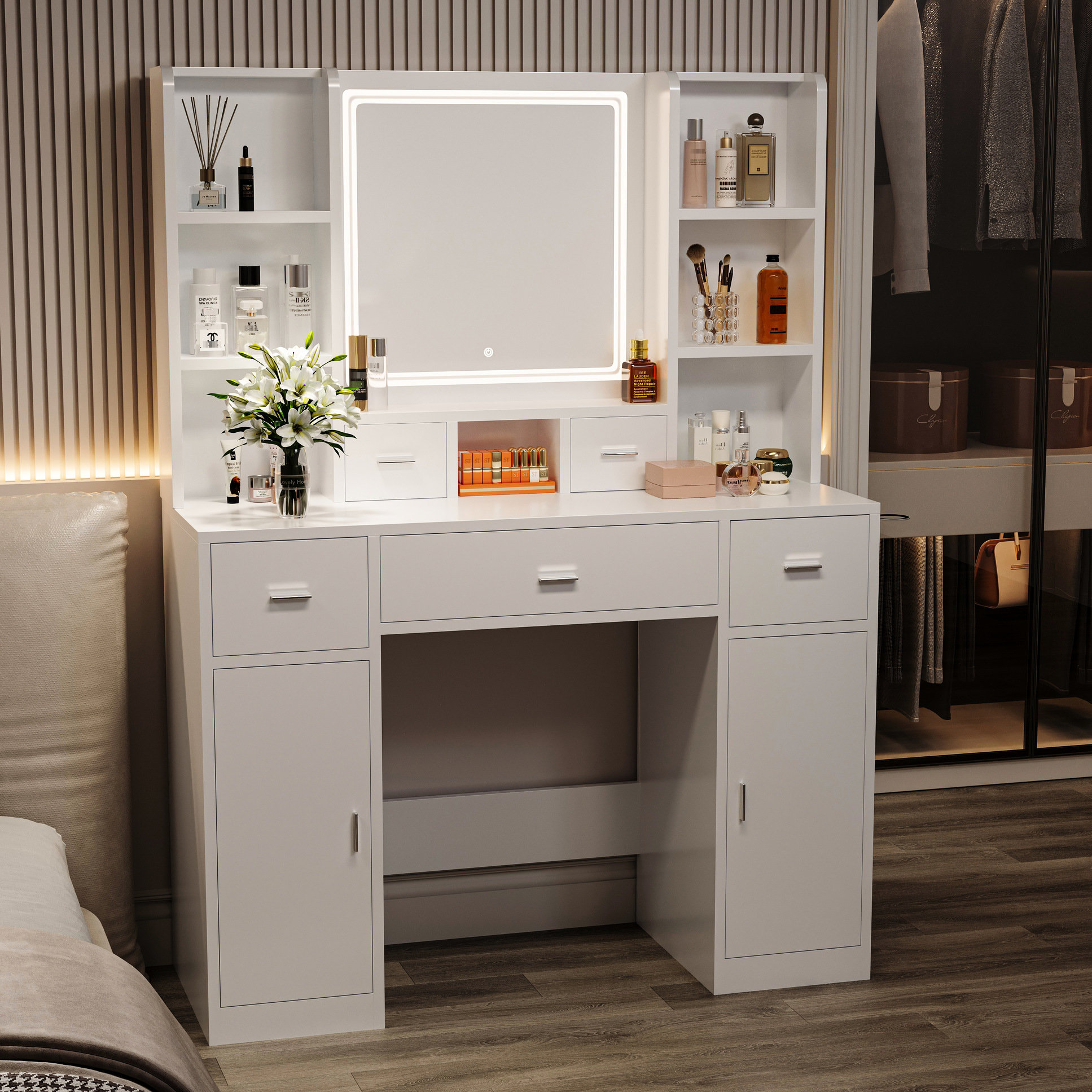 Ivy Bronx White Bedroom Vanity With Led Mirror & Elegant Look - 5 ...