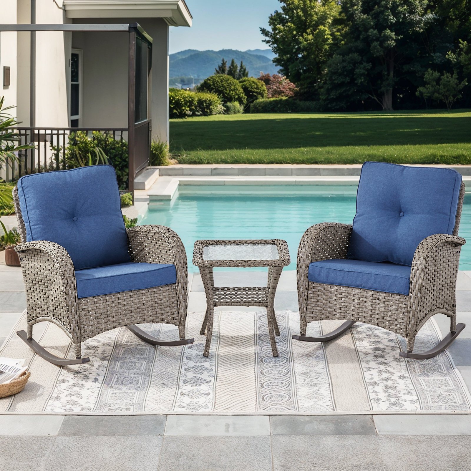 Winston Porter Aluel Outdoor Wicker Patio Furniture Rattan Rocking Chairs and Table | Wayfair