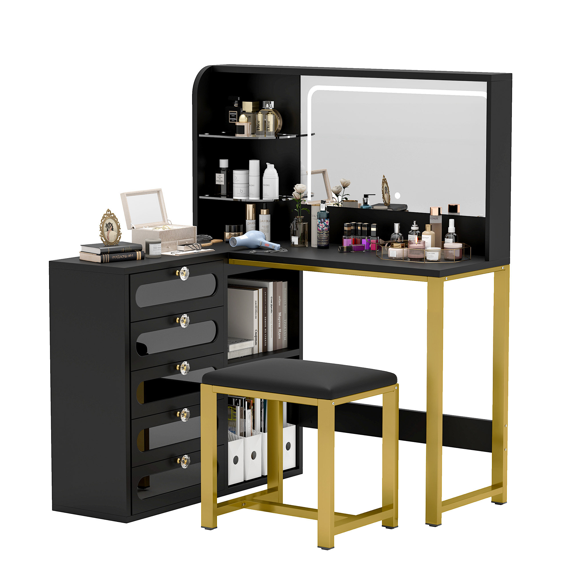 Mercer41 Uforic L-Shaped Vanity Desk with LED Mirror, Acrylic Drawers ...
