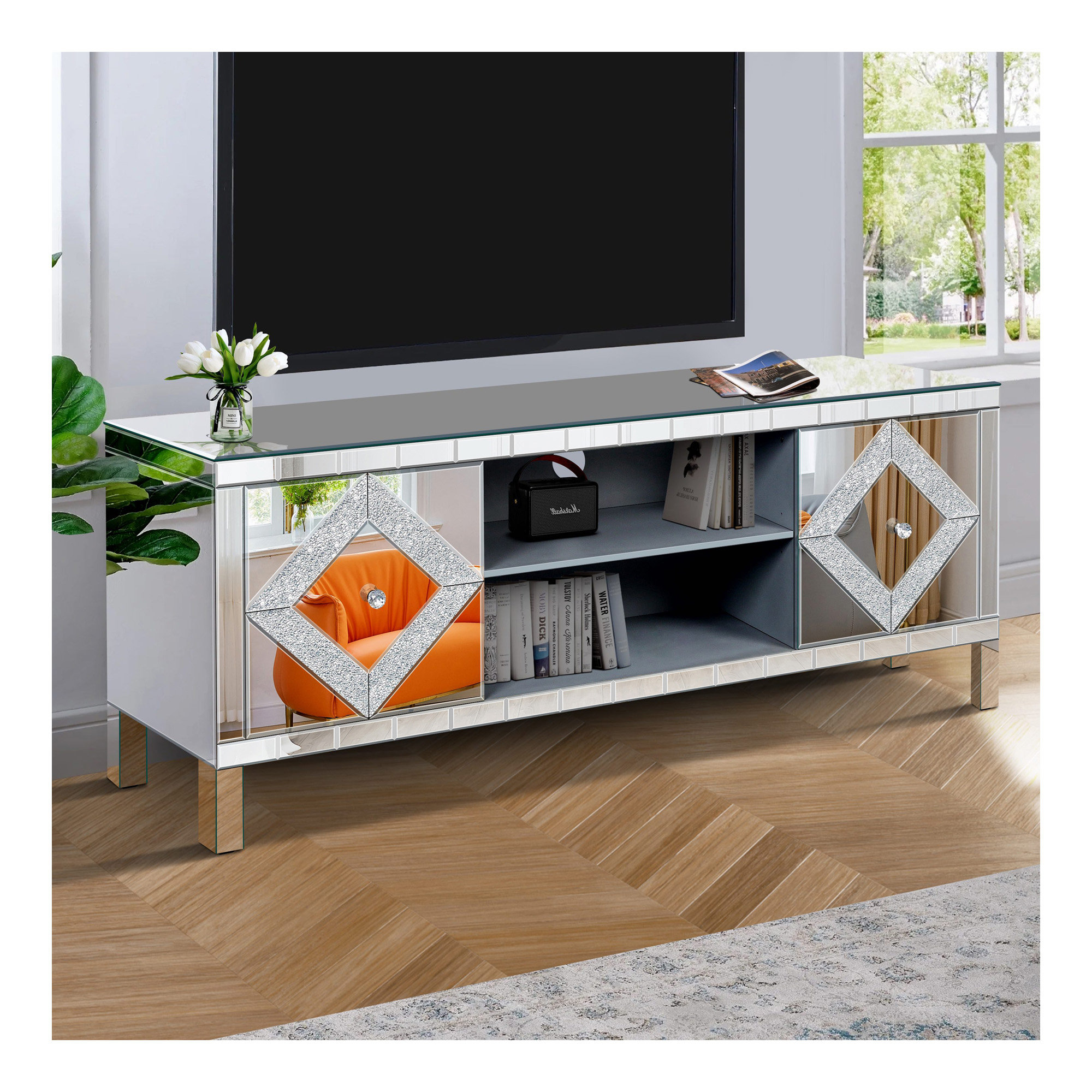 Everly Quinn Mirrored TV Stand For 65+ Inch TV,Sliver TV Console Table ...