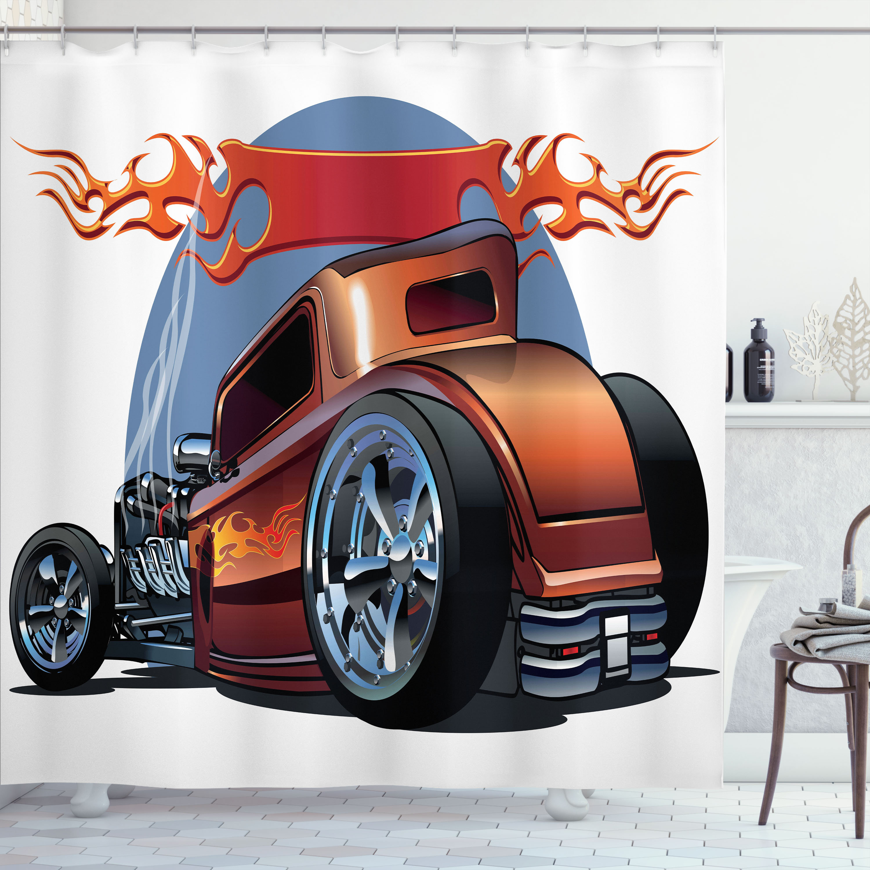 Ambesonne Cars Shower Curtain Cartooon Hot Rod Classic Orange Blue ...