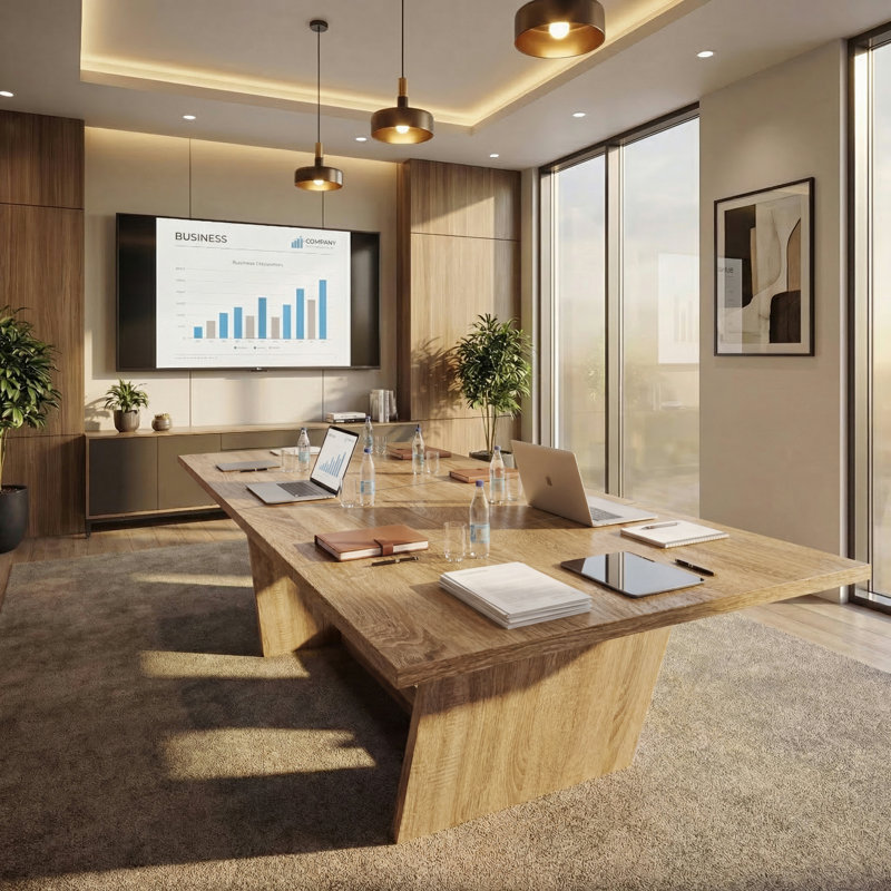 Ebern Designs 81.5" Oak-Finish Conference Table – Modern V-Leg Design ...
