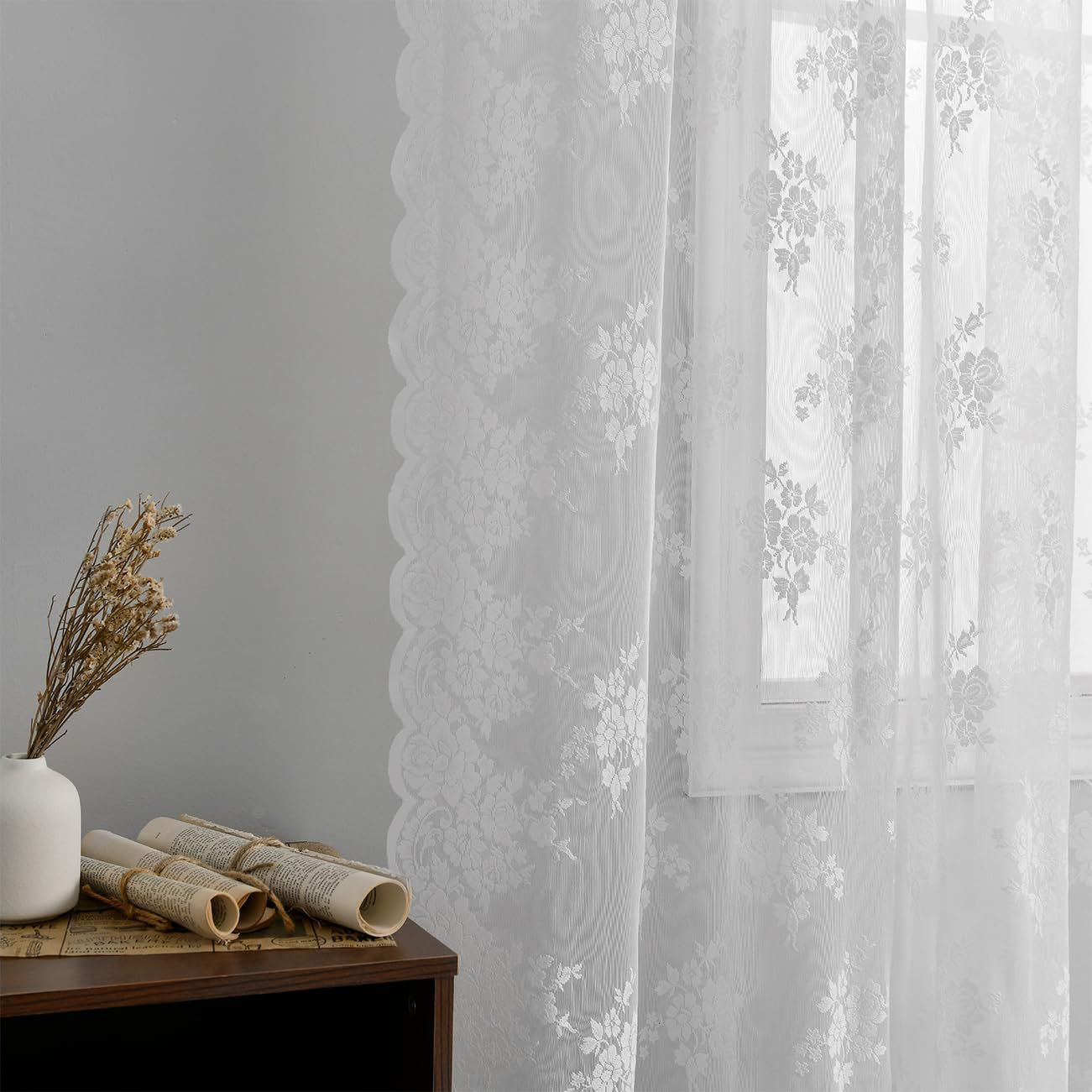 Ophelia & Co. Exquisite Lace Trimmed Window Screen Curtain with Drapery ...