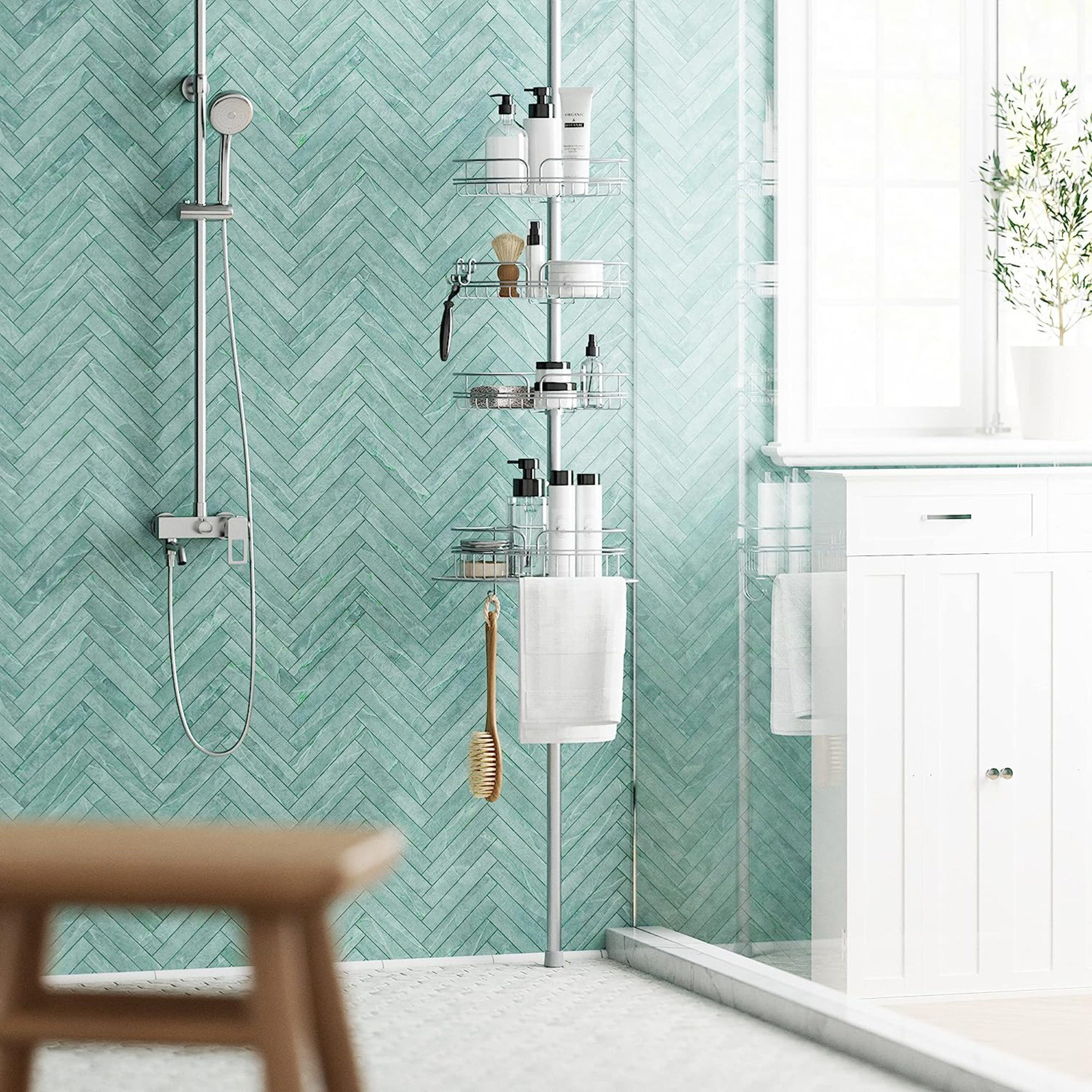 Rebrilliant Tension Pole Stainless Steel Shower Caddy | Wayfair