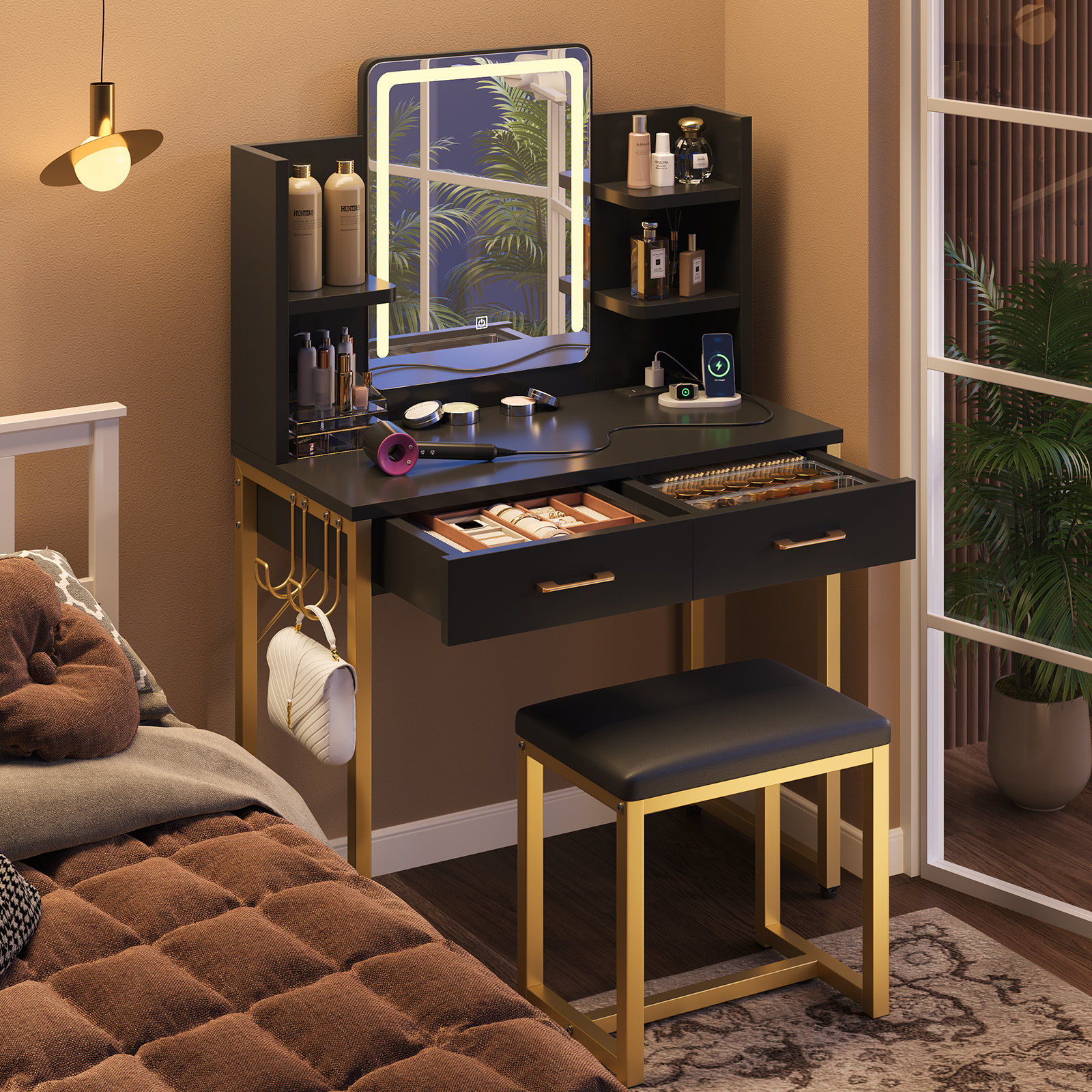 Latitude Run® Makeup Vanity with LED Light and Power Outlets,Modern ...