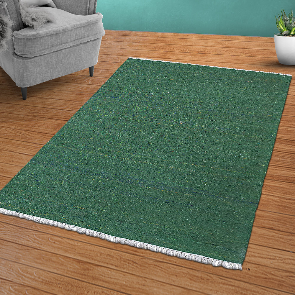Dakota Fields Hand Woven Flat Weave Skittles Kilim Solid Dark Green ...