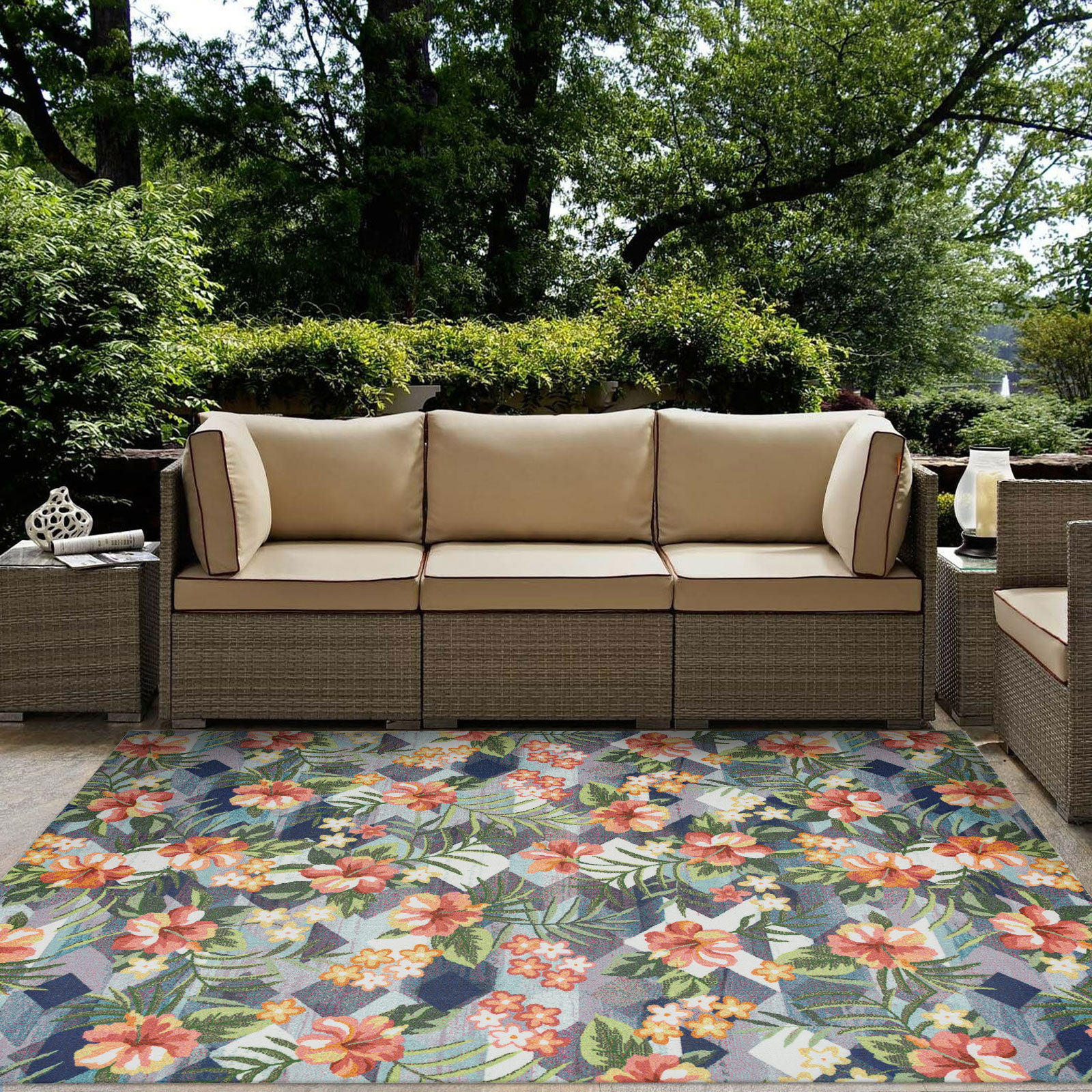 DECOMALL Sunshine Outdoor Rug Orange Bloom Floral Green Leaves Blue ...