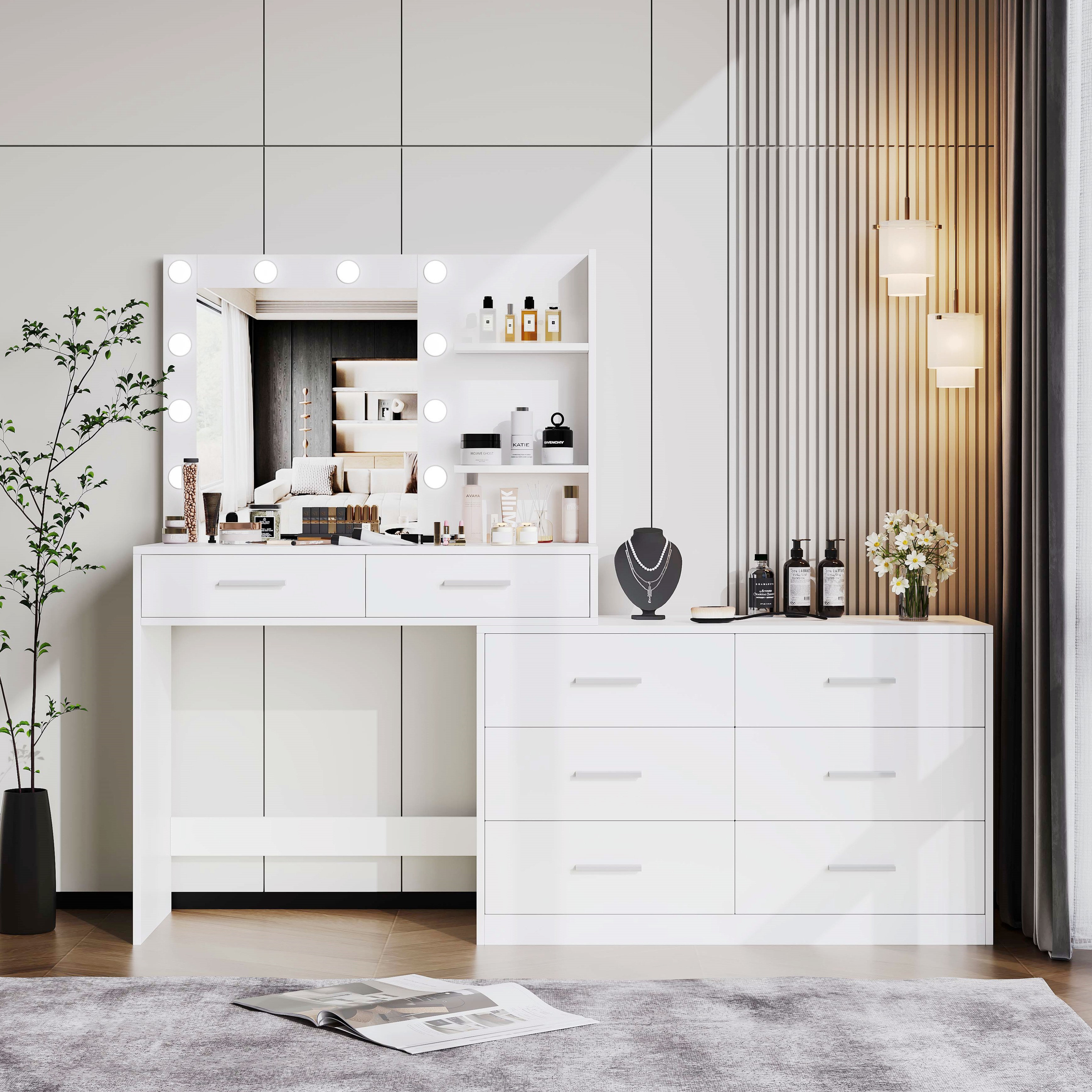 Latitude Run® Jaisen 65"W Makeup Vanity Desk with Mirror and 3-Color ...