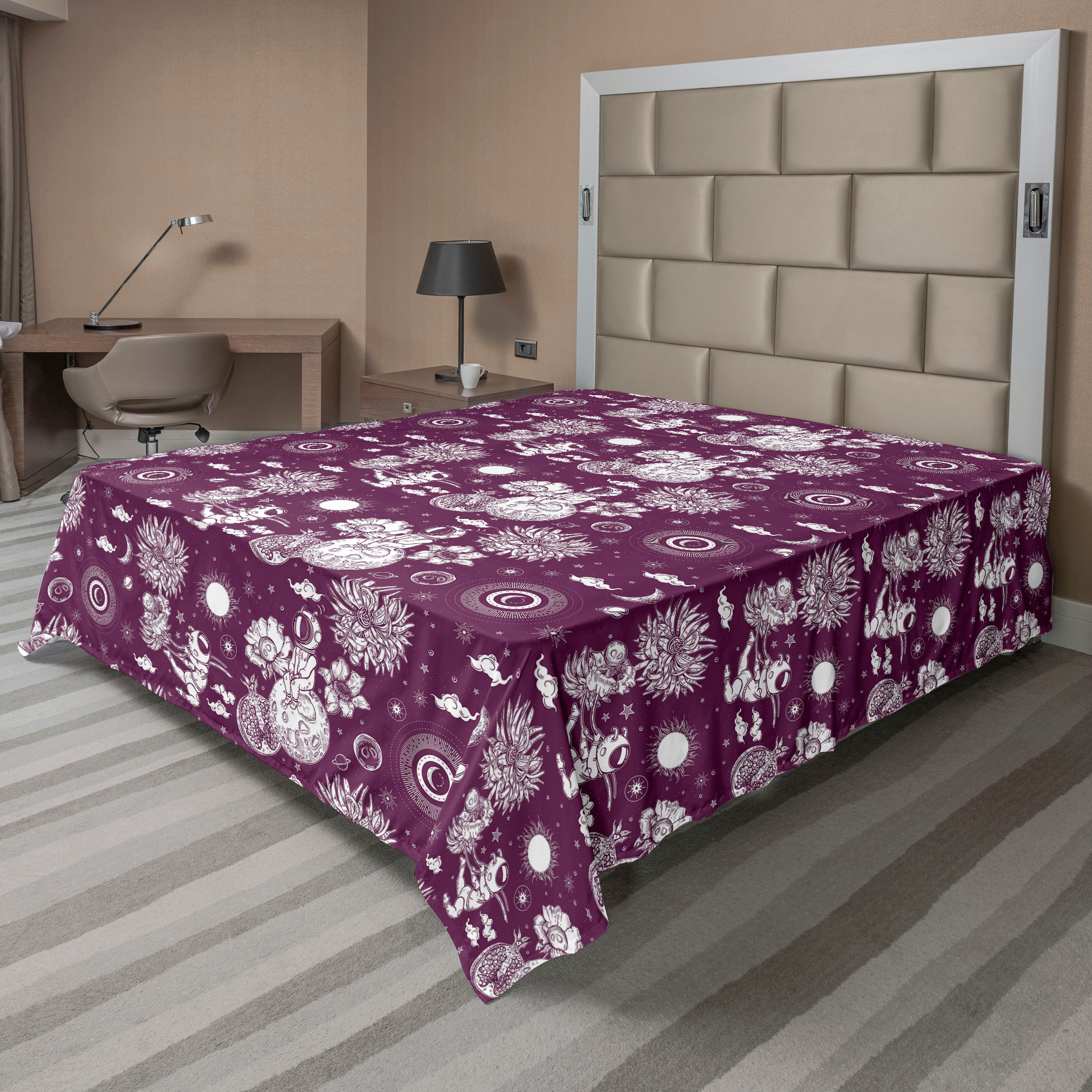 Ambesonne Space Flat Sheet Astronaut and Sun Pinky Back Dark Magenta ...