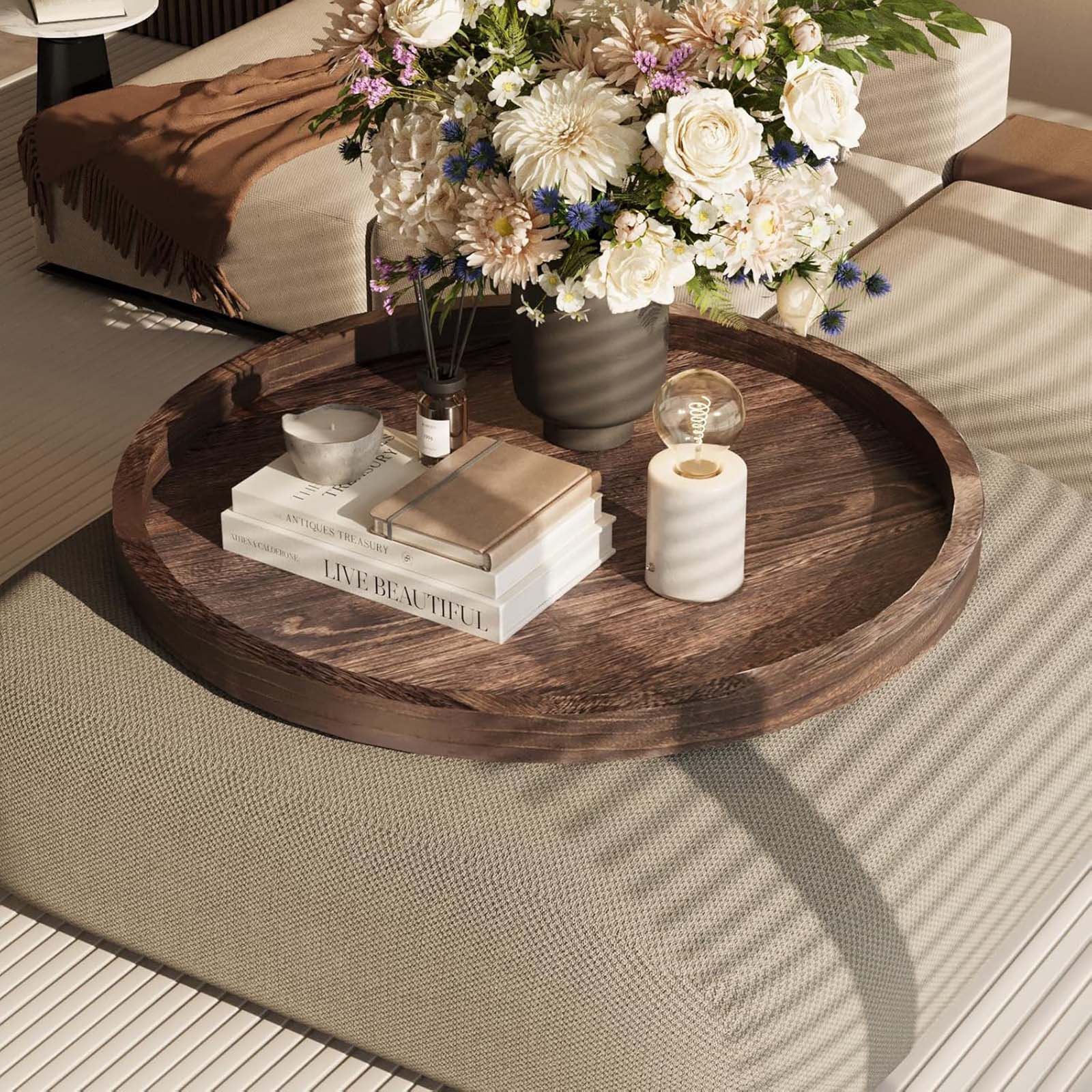 Gracie Oaks Round Ottoman Tray For Coffee Table Living Room Wood ...