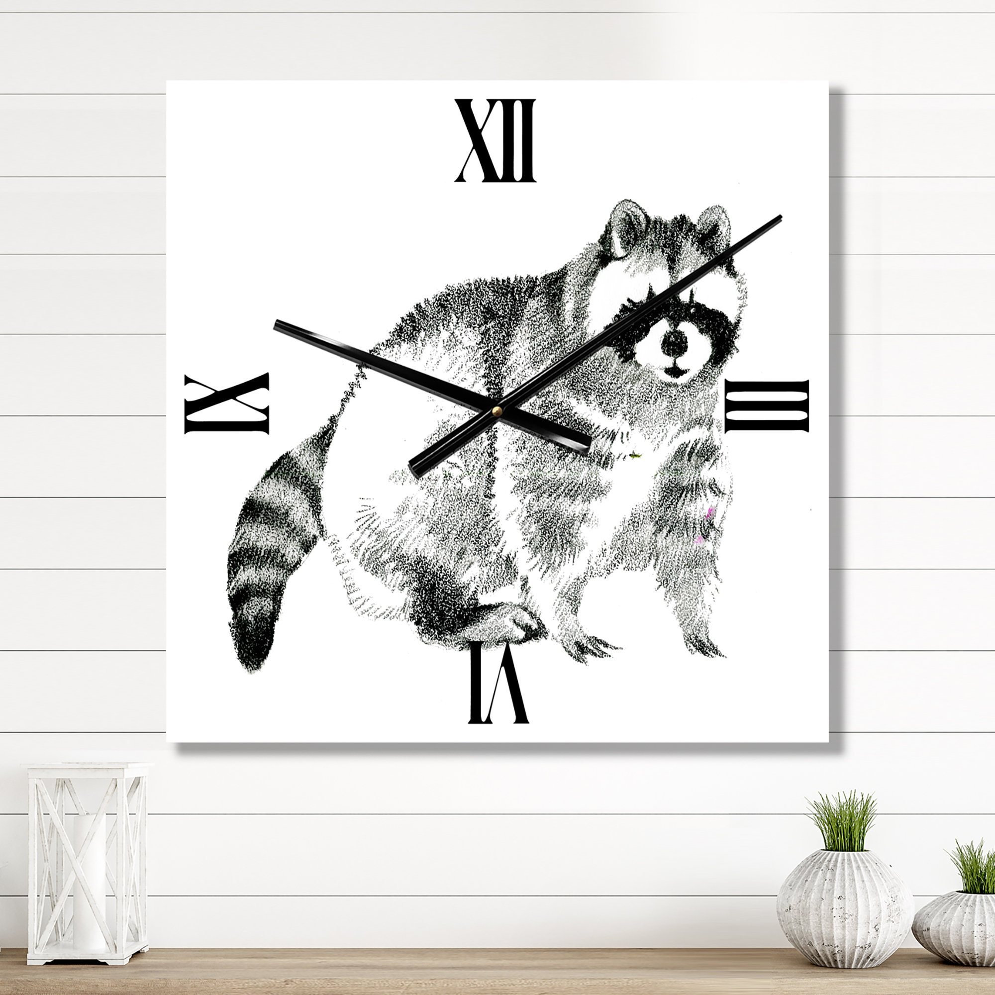 East Urban Home Monochrome Portrait of Raccoon - Farmhouse Wall Clock ...