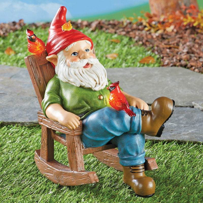 Trinx Solar Powered Gnome in Rocking Chair Outdoor Garden Statue | Wayfair