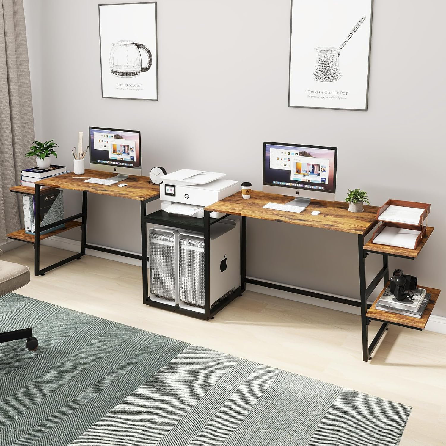 17 Stories Two Person Desk With Storage Shelves Double Desk With Pc ...