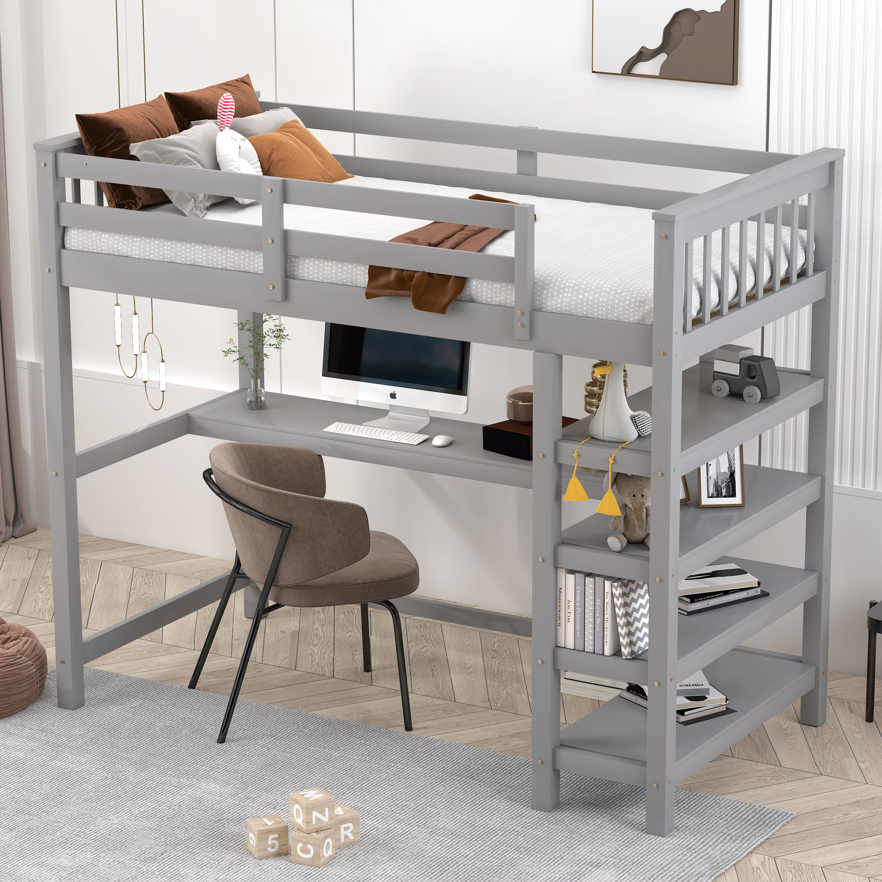 Harriet Bee Gramoz Twin Solid Wood Loft Bed with Built-in-Desk by ...