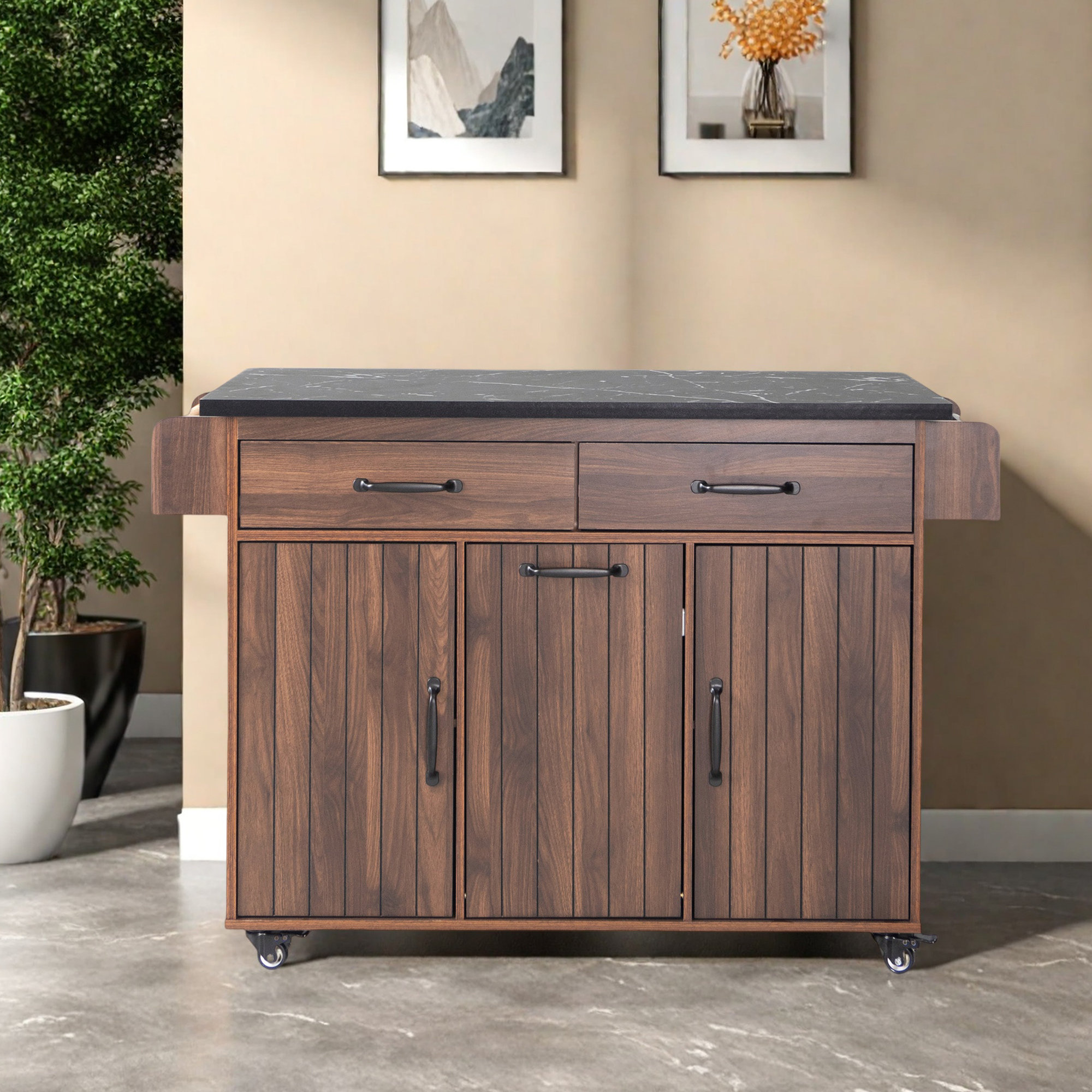 Winston Porter Rolling Kitchen Island With Trash Bin Storage, Drop Leaf ...