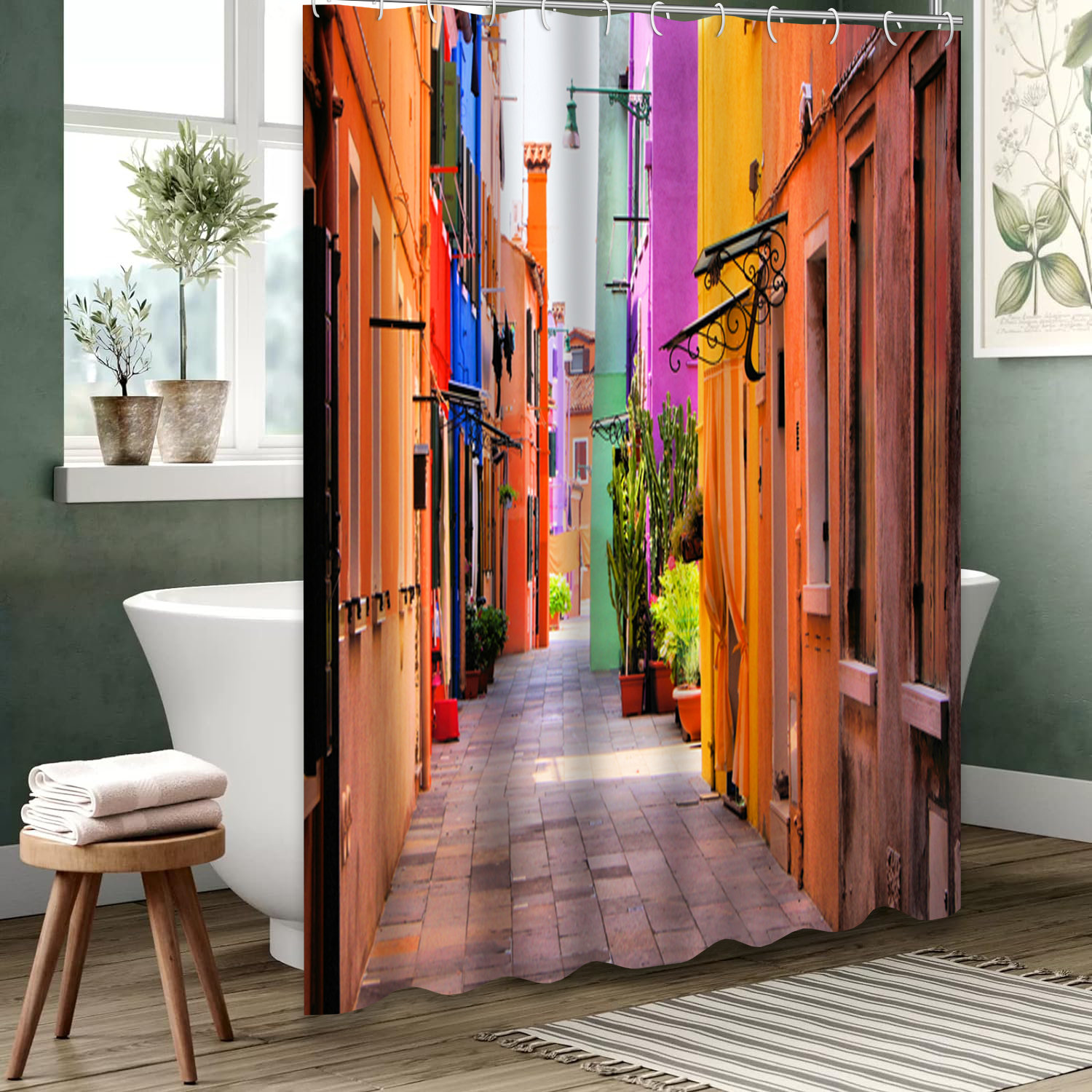 East Urban Home Summer Old Waterproof Shower Curtain,Colorful Street ...