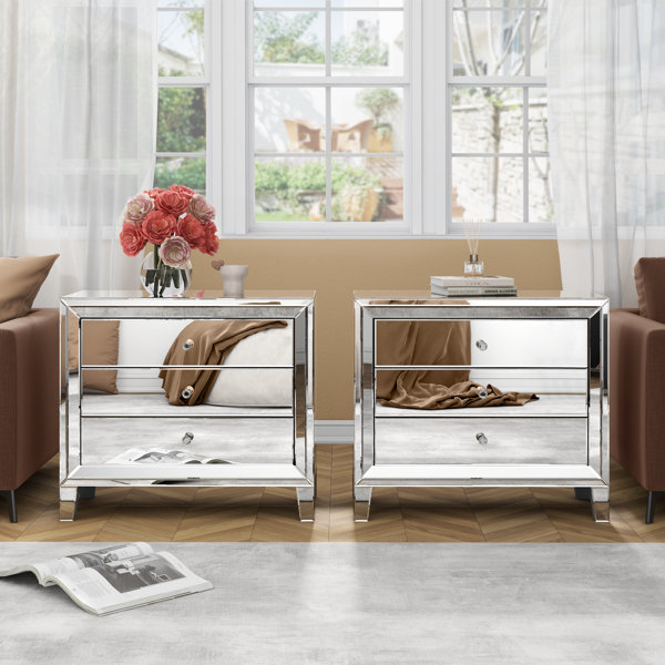 Everly Quinn Yolanta 33" Mirrored Glass Nightstand with 3 Storage ...