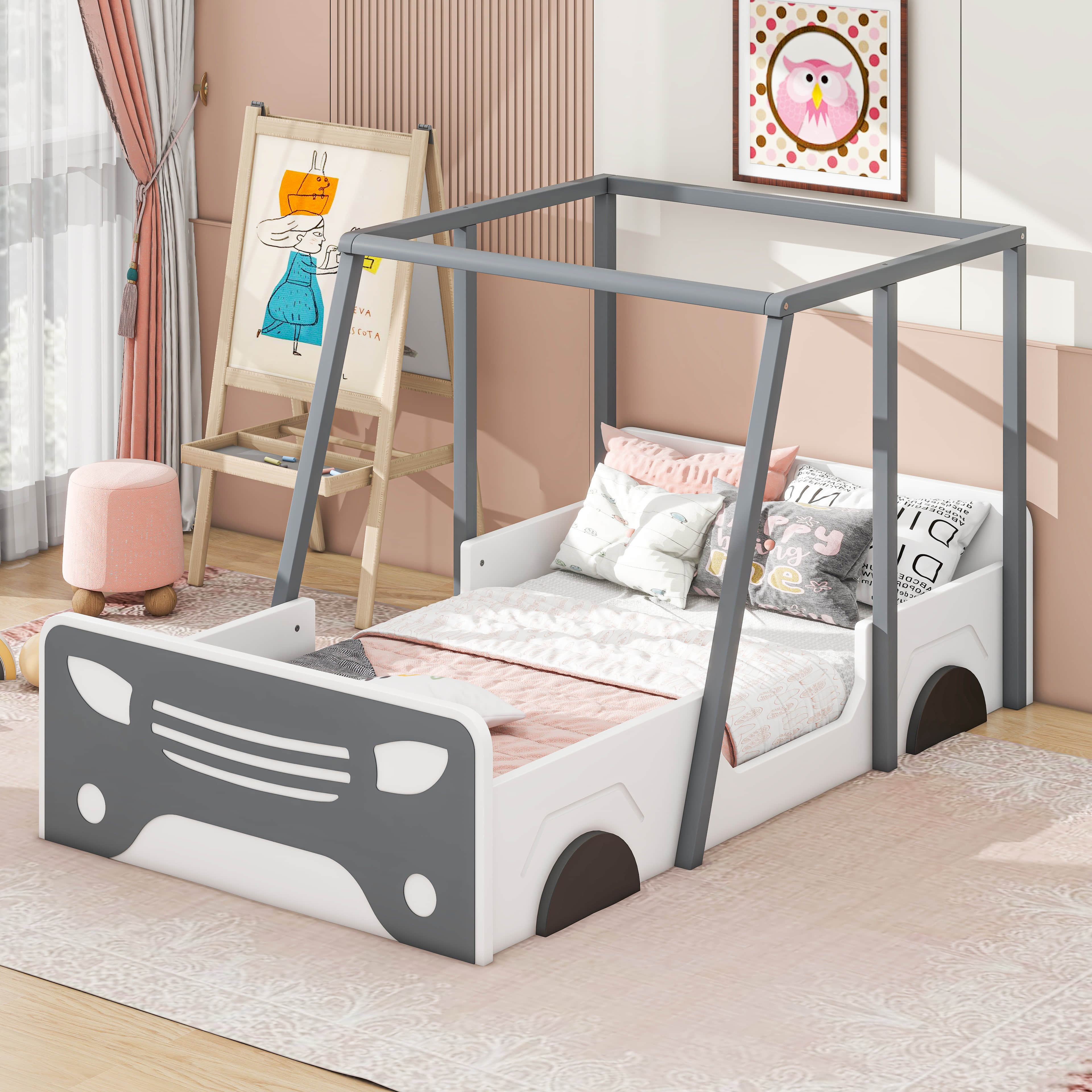 Zoomie Kids Twin Race Car Bed With Roof,Wood Twin Size Floor Bed Frame ...