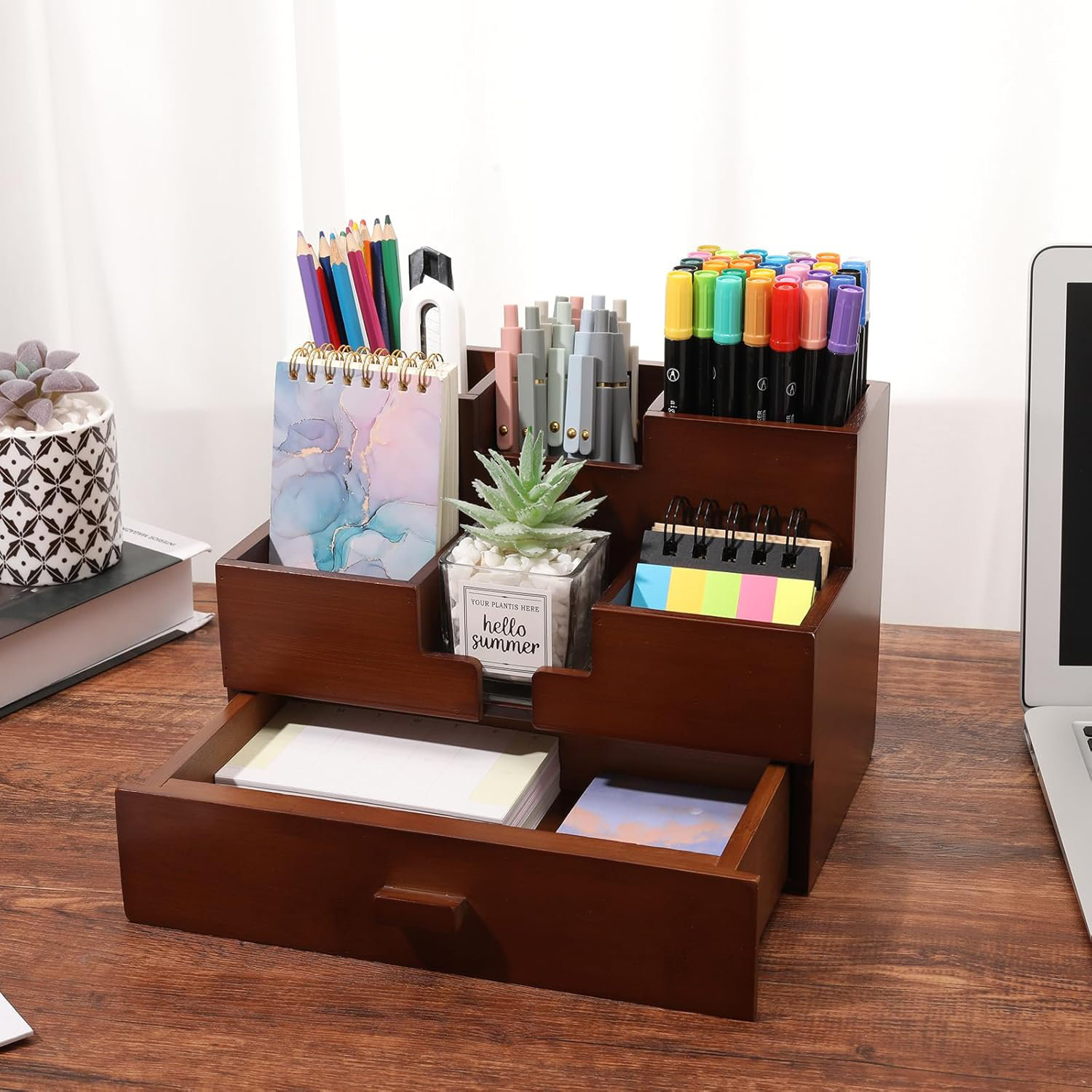 Latitude Run® Bamboo Desk Organizer Makeup Storage Drawer Pen Organizer ...