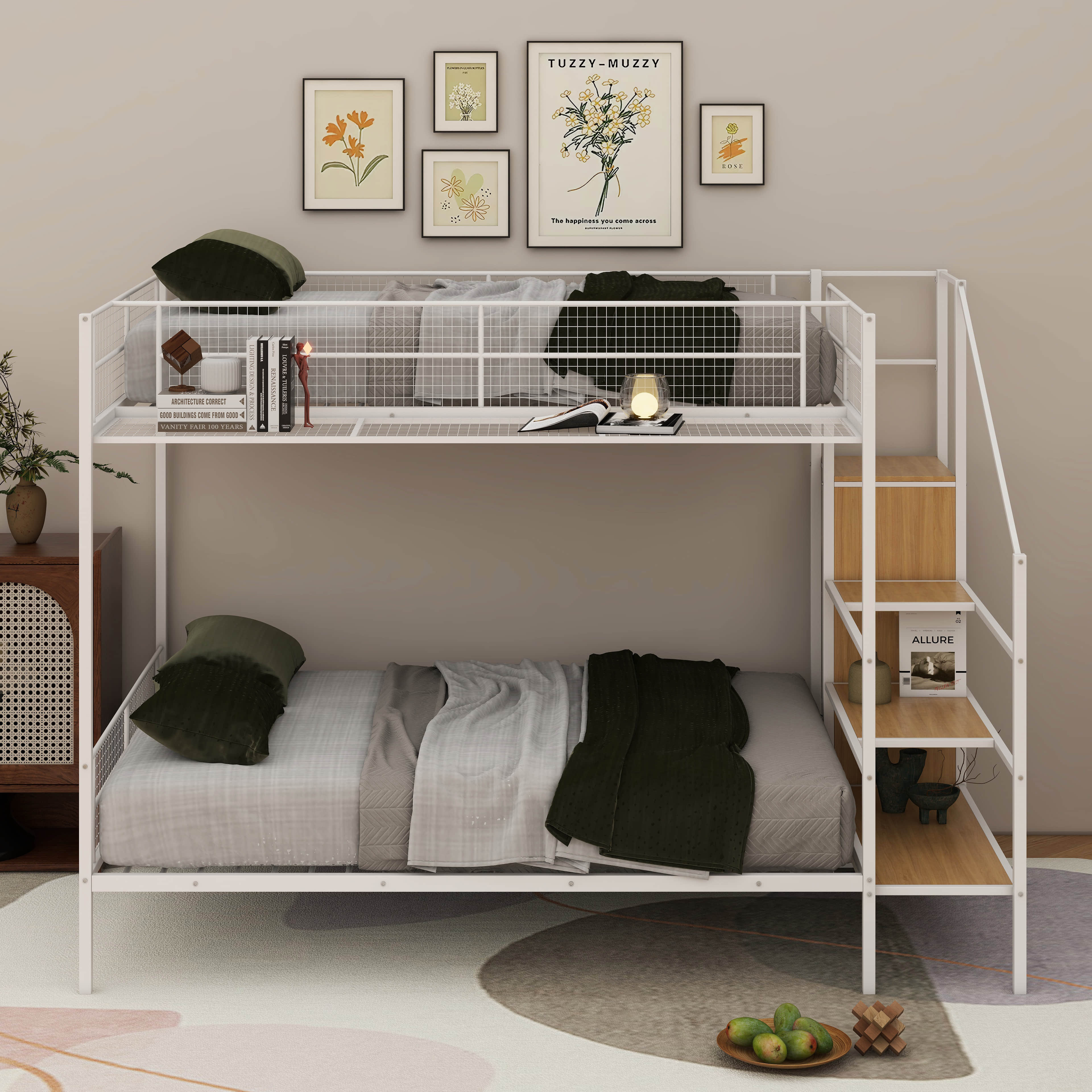 Latitude Run® Twin Over Full Metal Bunk Bed With Wire Shelving ...