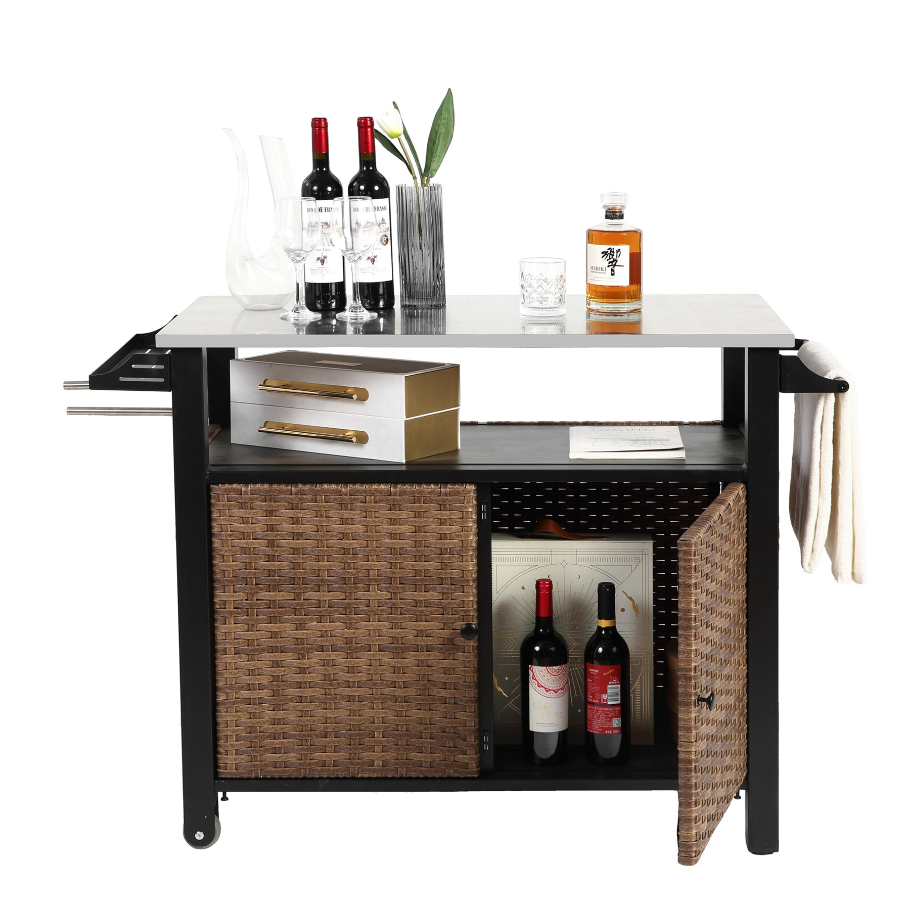Lark Manor Outdoor Kitchen Wicker Island Rolling Cart & Storage Cabinet ...