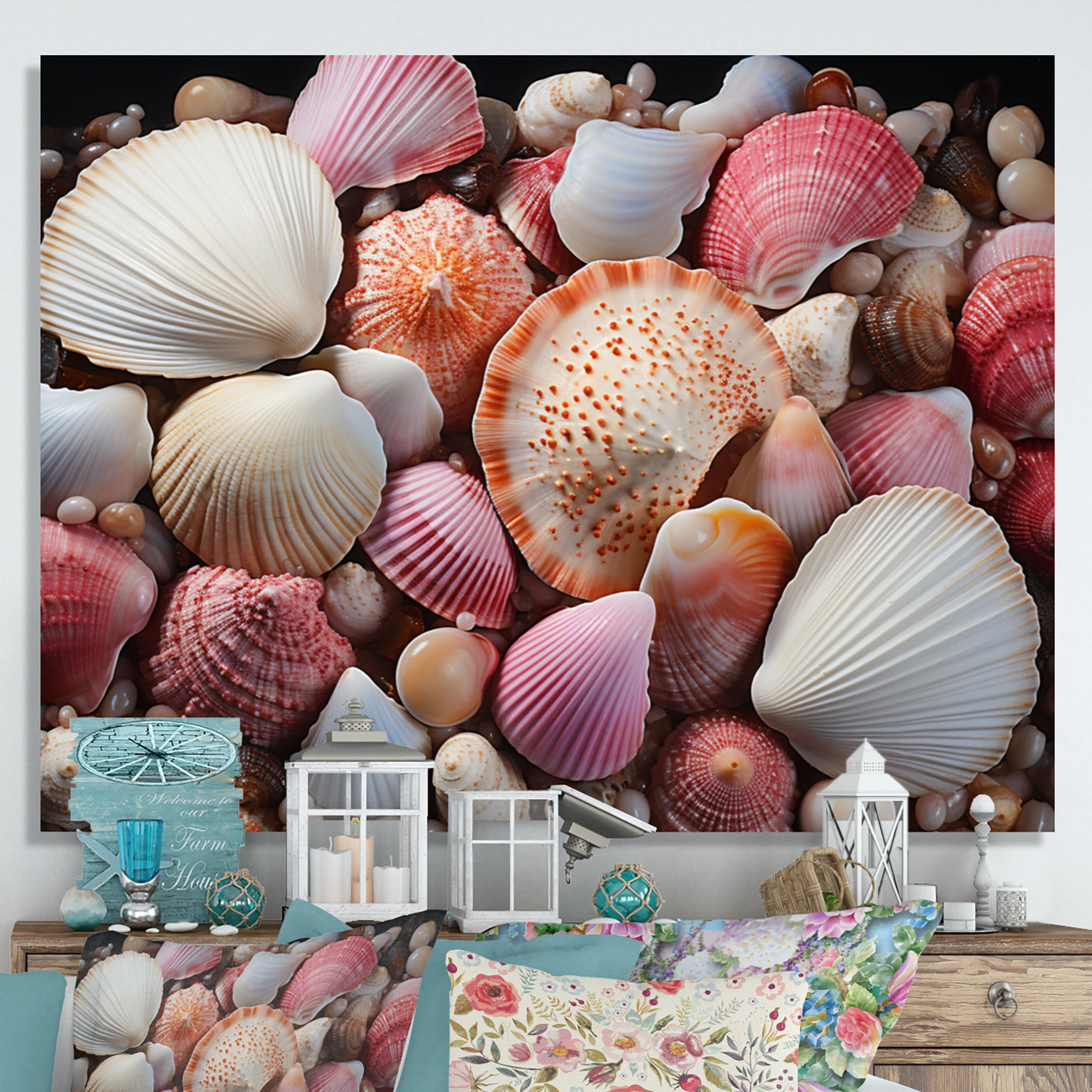 Rosecliff Heights Pink White Shells Seashore Collage I Framed On Canvas ...