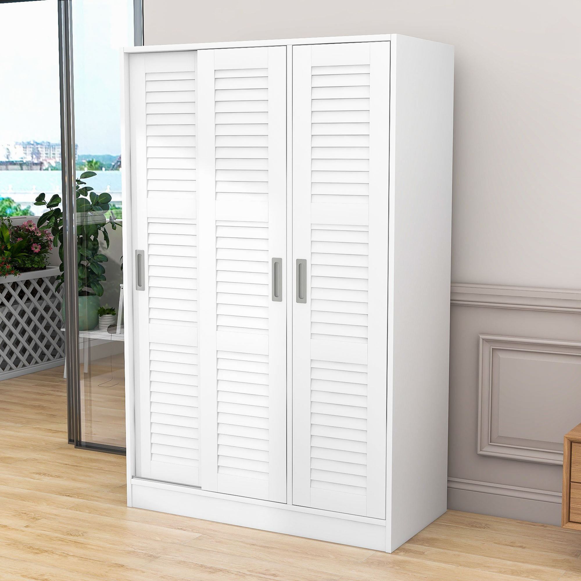 Red Barrel Studio Hartshorne Wooden 3-Door Shutter Armoire with Shelves ...