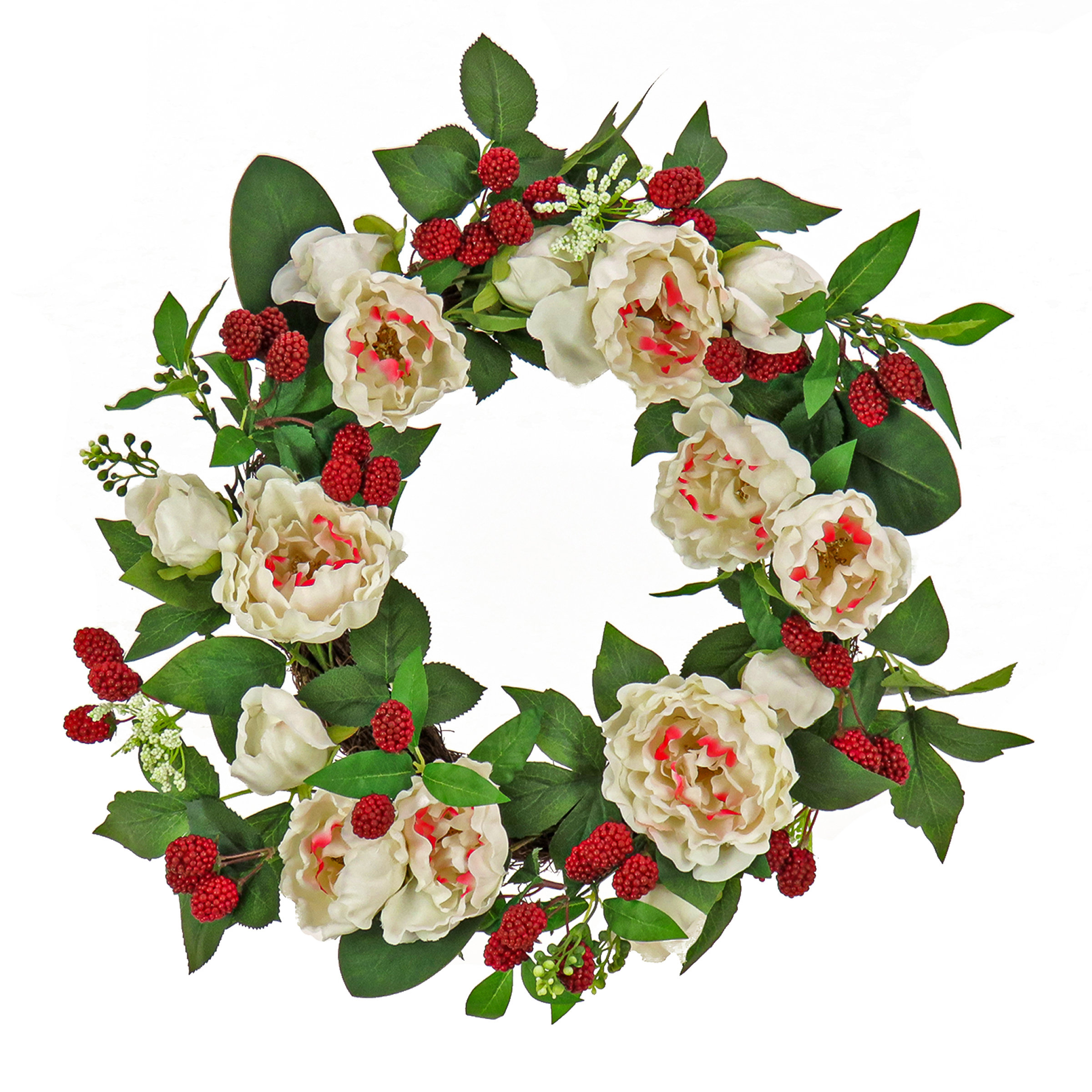 The Holiday Aisle® 22" Peony and Raspberry Wreath | Wayfair