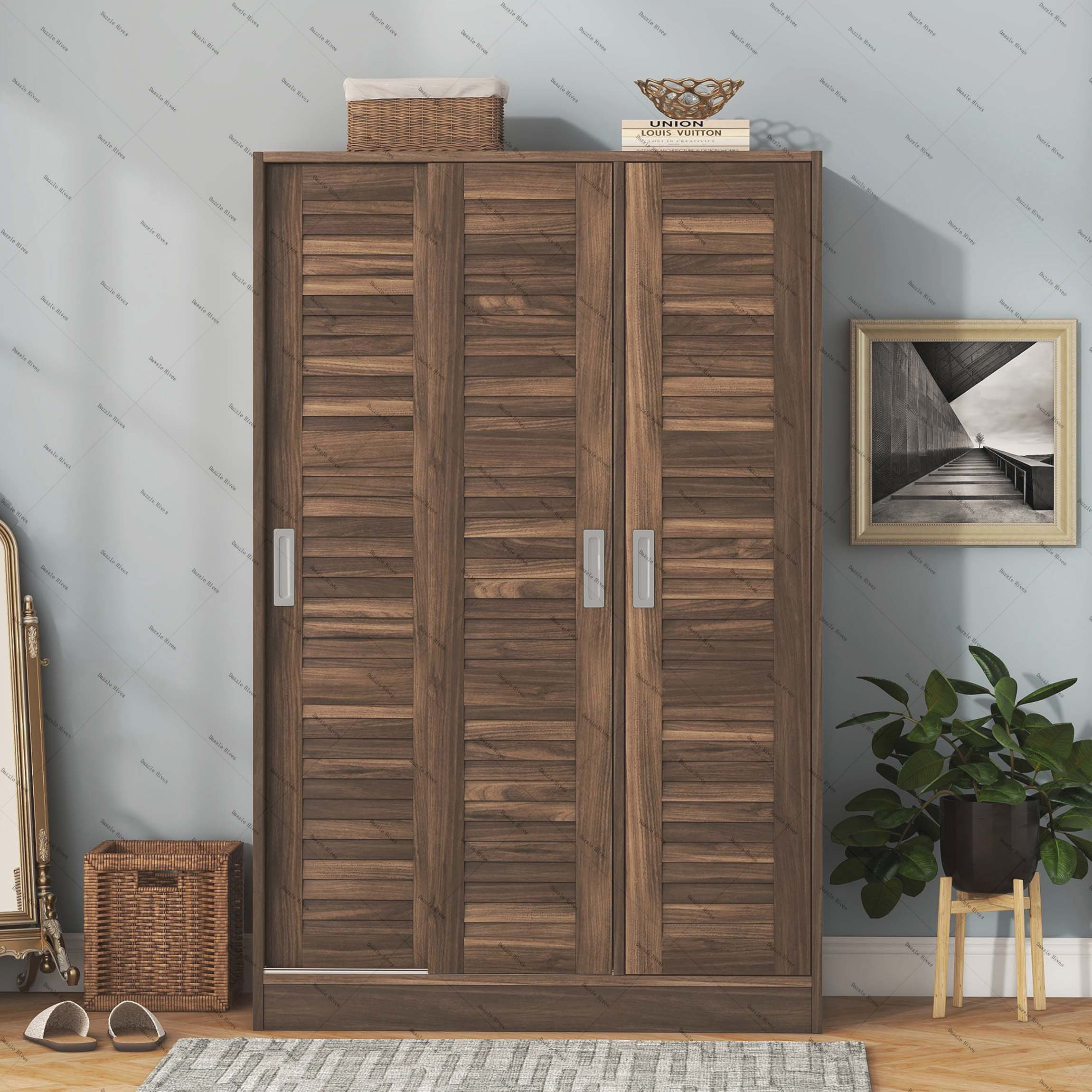 Loon Peak® 3-Door Shutter Wardrobe with shelves, Walnut | Wayfair