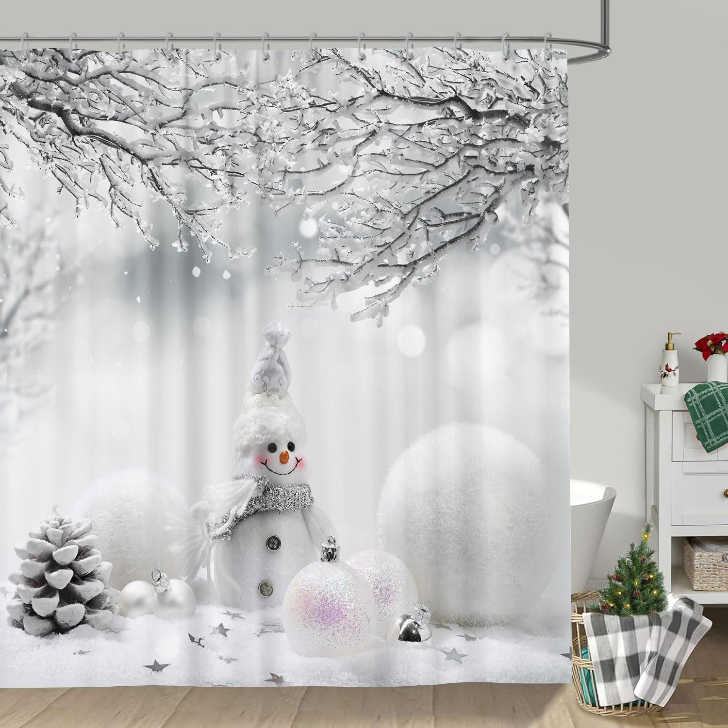 Ophelia & Co. Christmas Snowman Shower Curtain, Cute Snowman Balls ...