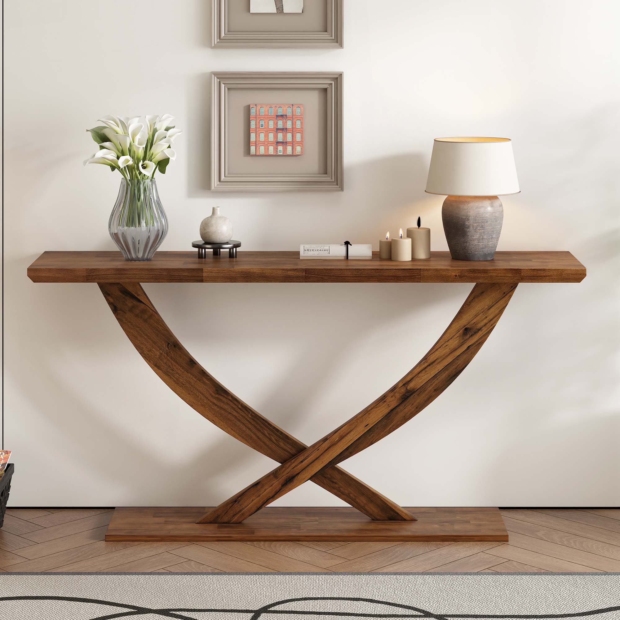 Latitude Run® Wood 57'' Modern Rustic Console Table with Cross-Leg ...