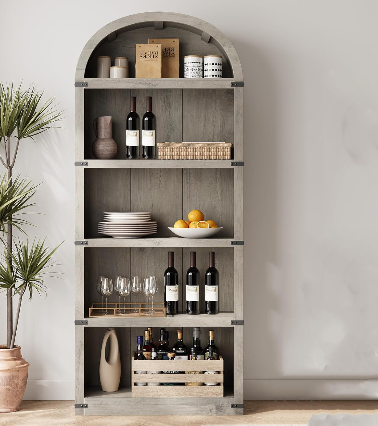 Gracie Oaks Arched Bookcase,tall Bookcase Farmhouse Display Storage ...