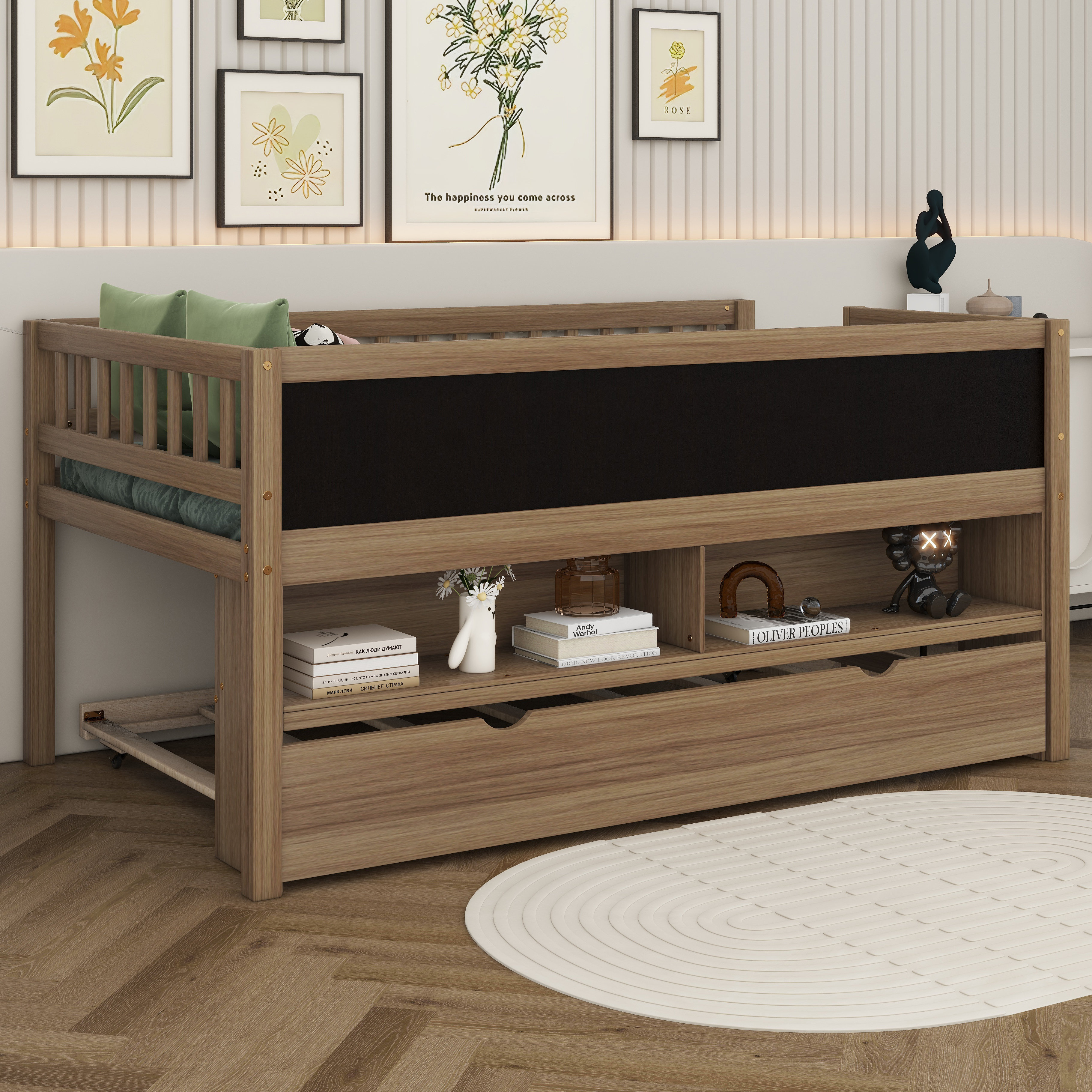 Harriet Bee Twin Size Low Loft Bed With Storage Shelves And Blackboard ...