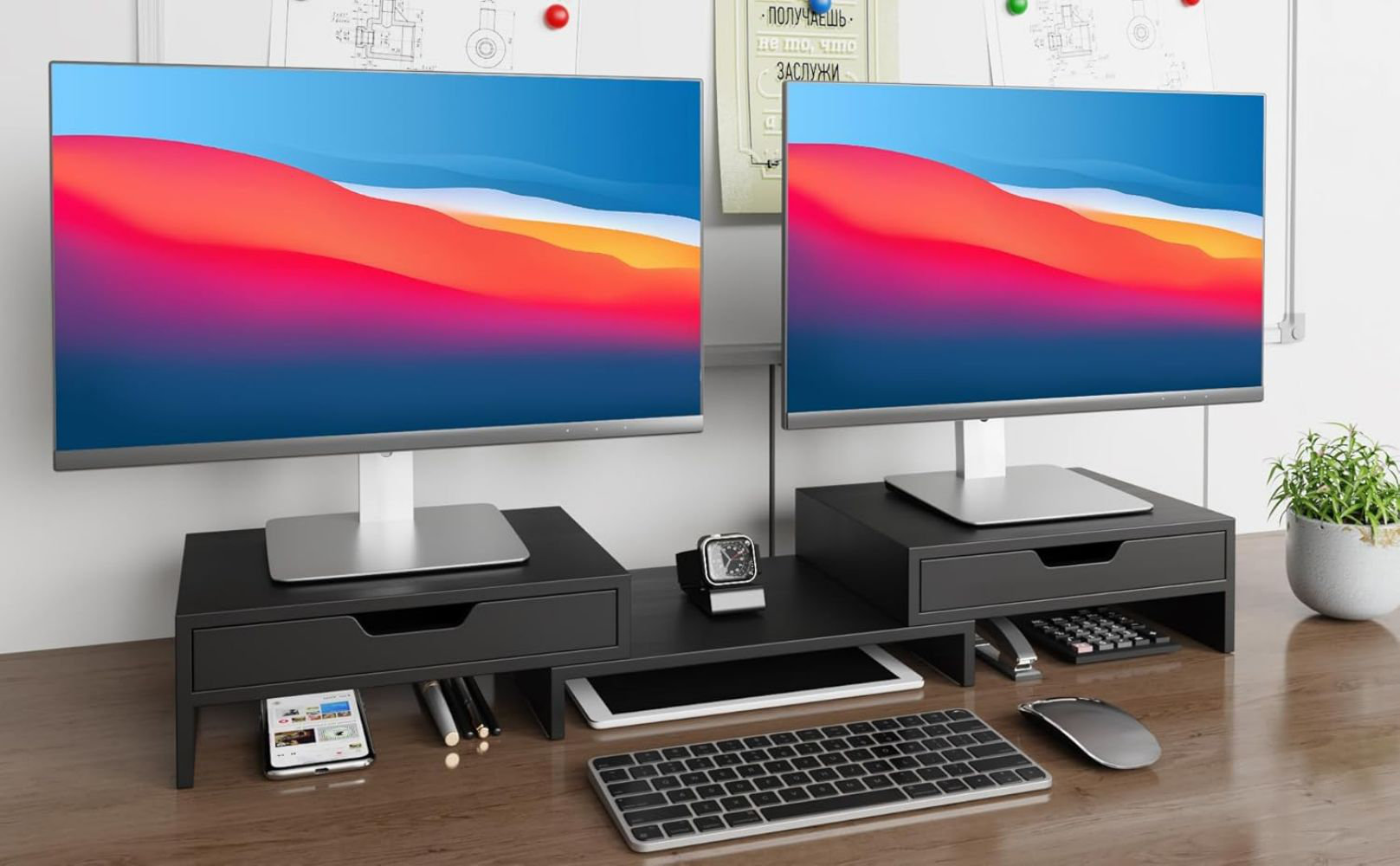 Latitude Run® Monitor Stand With 2 Storage Drawers, Premium Bamboo Dual ...