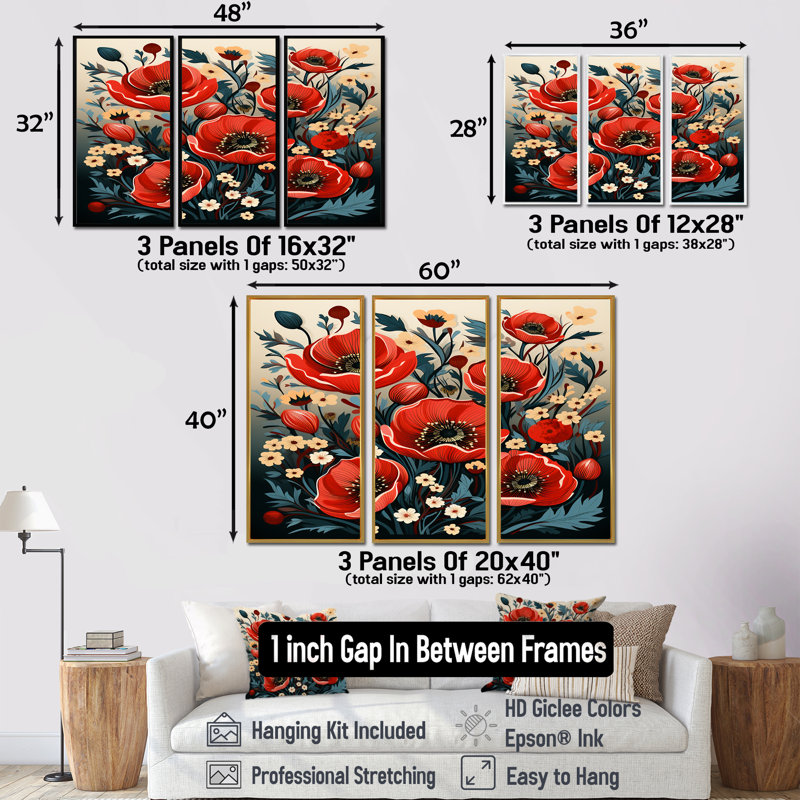 Design Art Red Poppies In The Meadow Retro Illustration - Poppy Wall ...