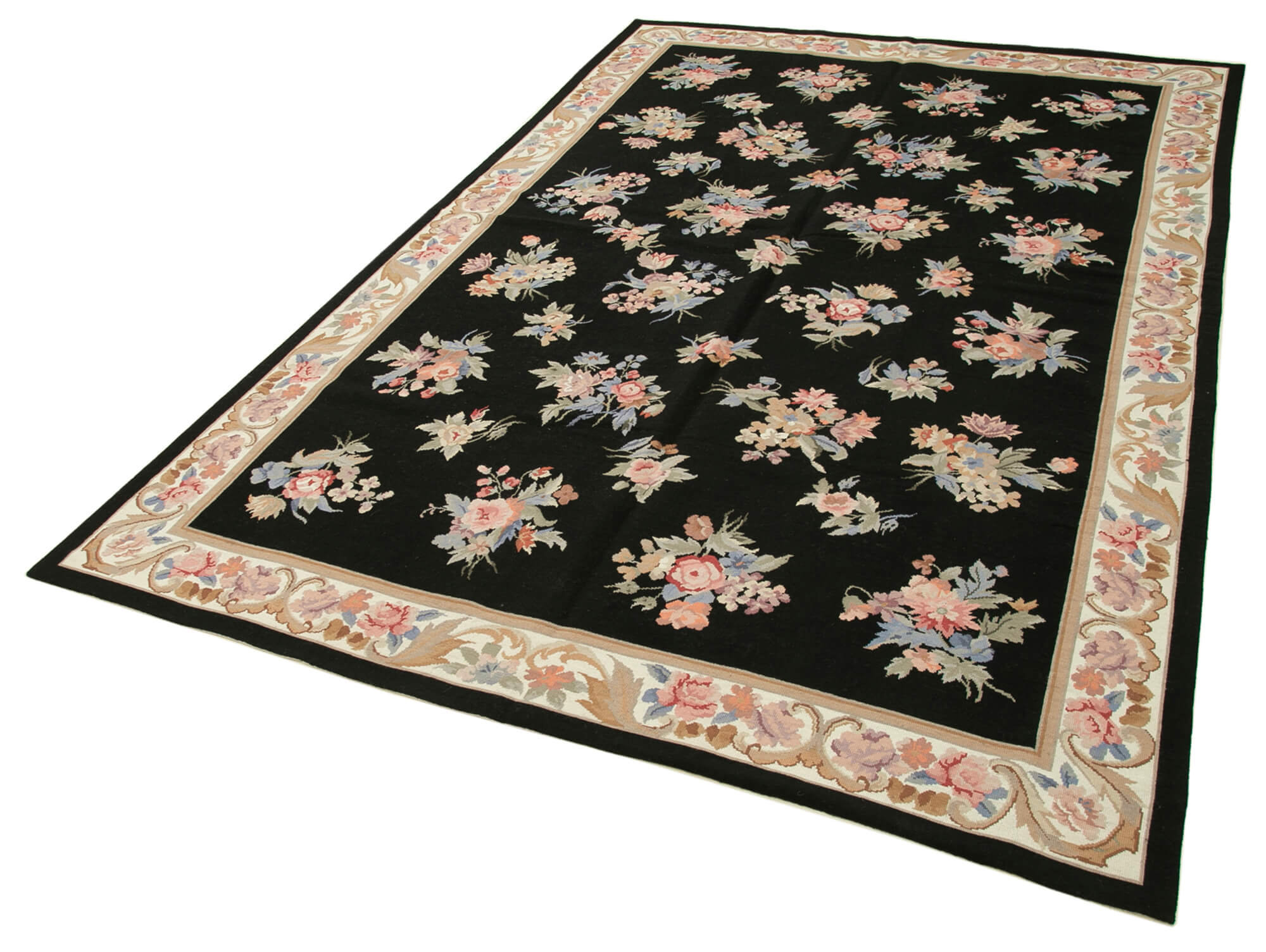 Aegean House Needlepoint Floral Black Floral Wool Handmade Area Rug ...