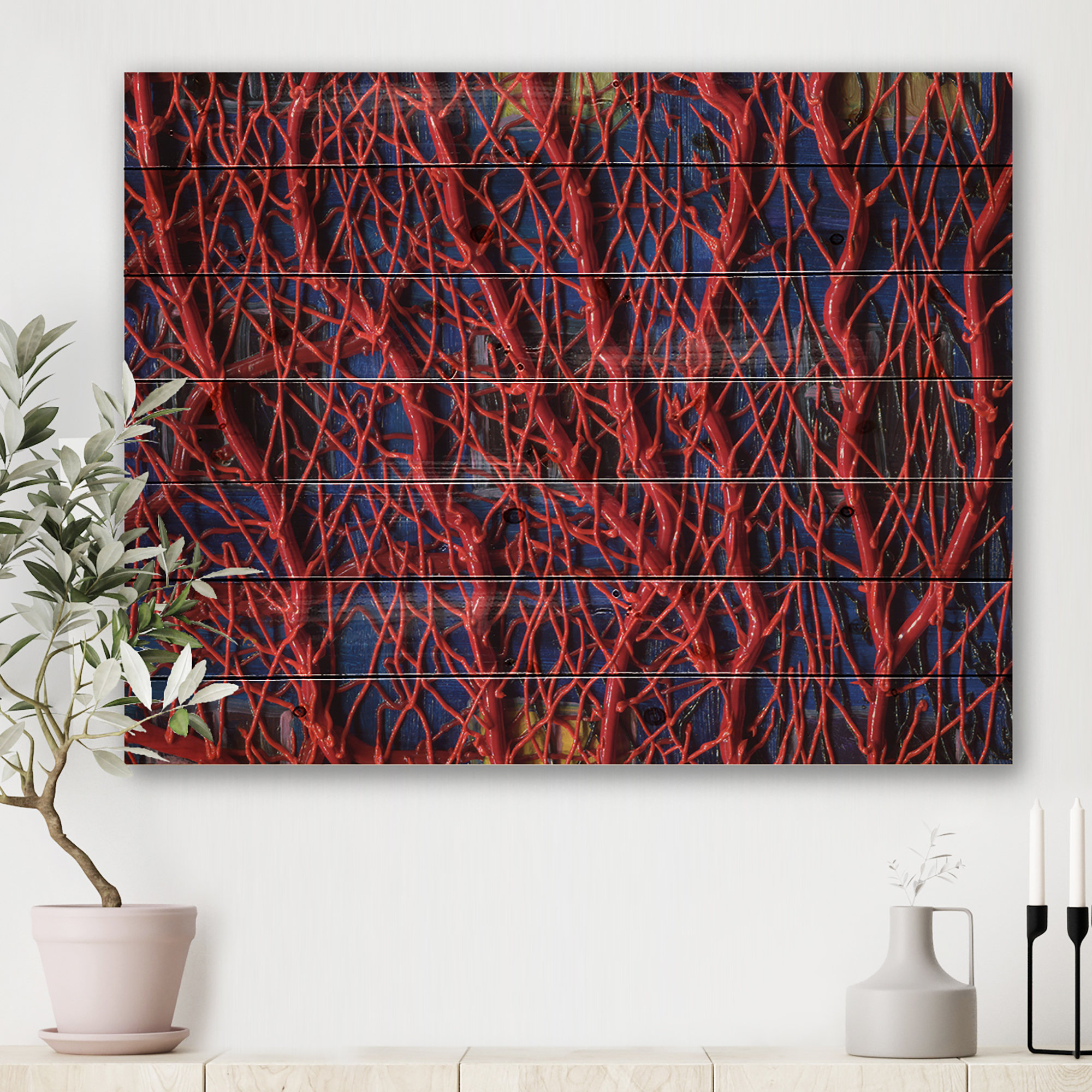 East Urban Home Red Tree Branches On Dark Blue Background - Modern ...