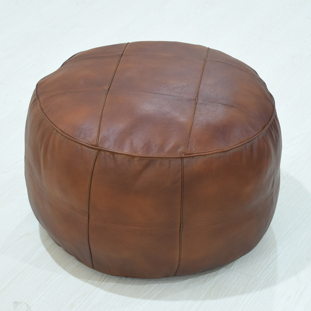 17 Stories Geometric Handmade Leather Round Pouf 21"x21"x12" (Recycled ...
