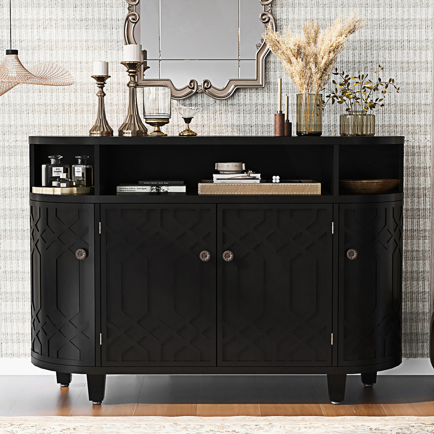 Bungalow Rose Curved Design Storage Cabinet, Featuring Four Doors ...